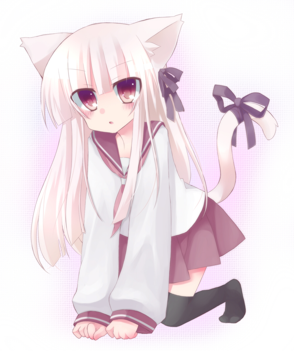 Safebooru - 1girl all fours animal ears black legwear bow cat ears cat ...