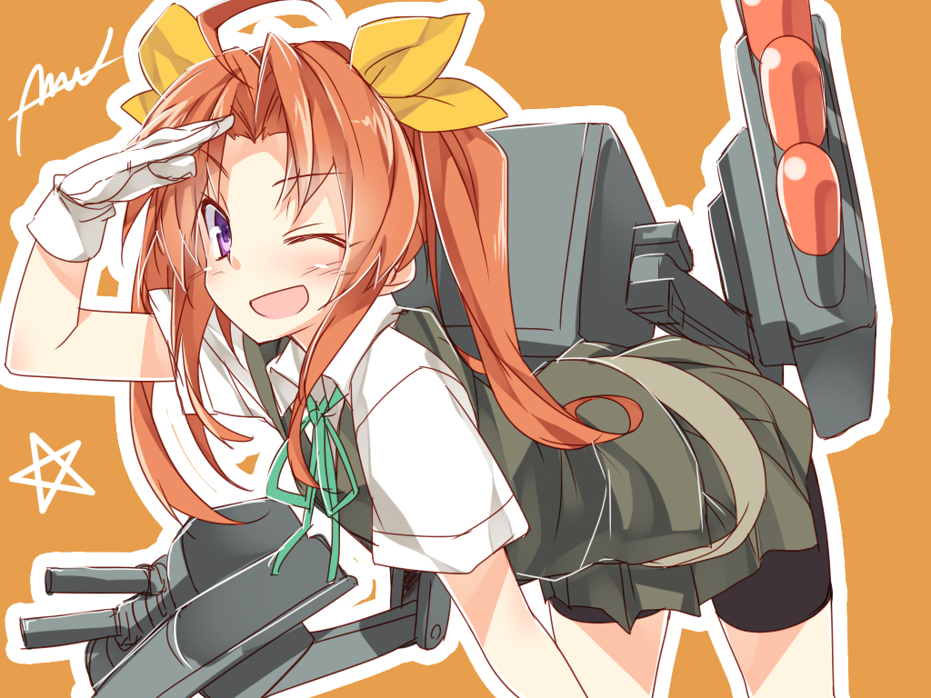 Safebooru - 1girl ;d ahoge bent over bike shorts blush brown hair gloves hair ribbon kagerou ...