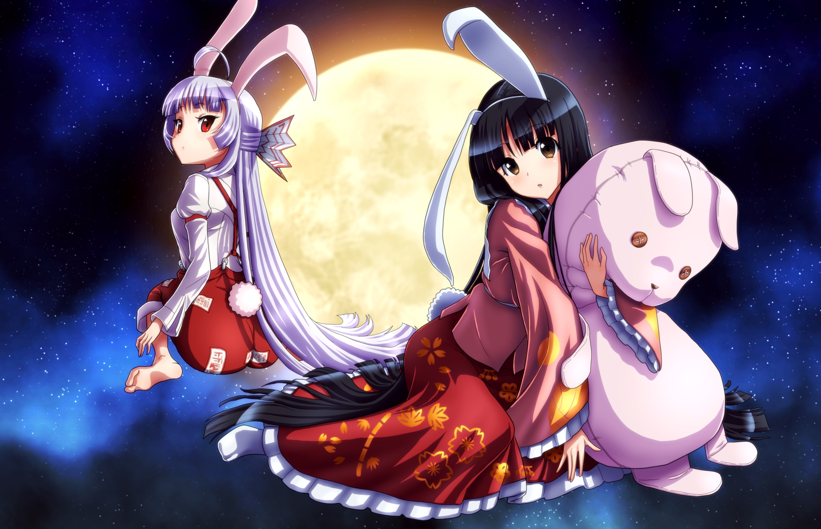 Safebooru - 2girls :o ahoge animal ears barefoot black hair blush brown eyes doll hug fake ...