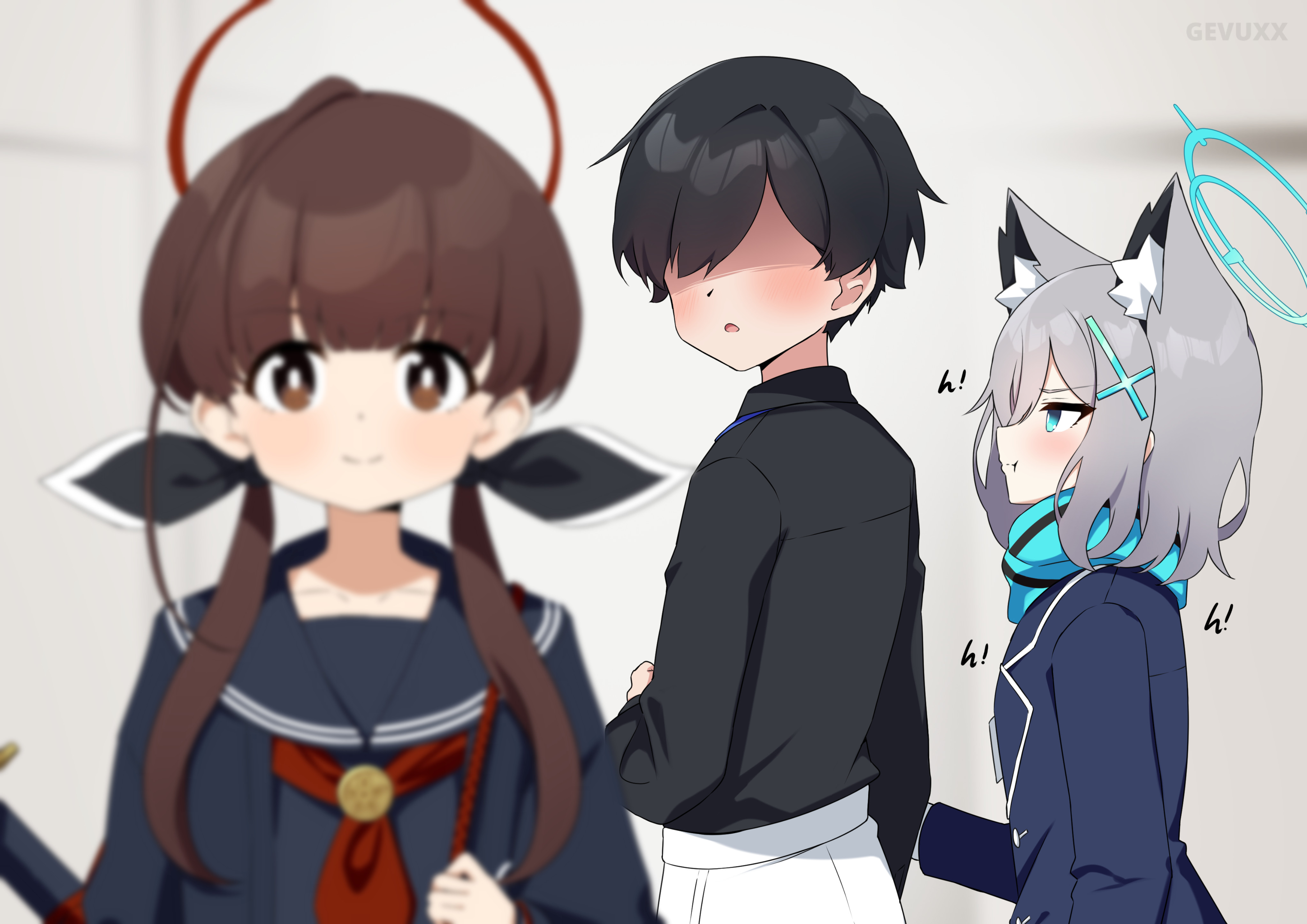 Safebooru - 1boy 2girls :t absurdres angry animal ear fluff animal ears black hair black shirt ...