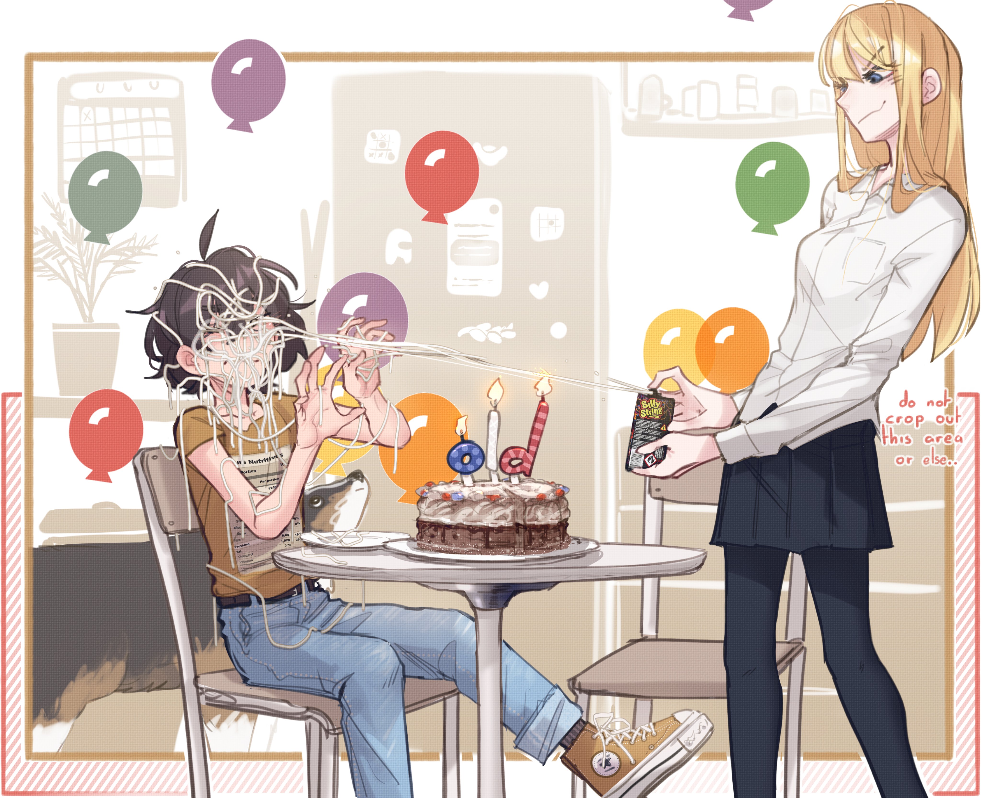 Safebooru - 2girls absurdres ahoge among us animal balloon birthday birthday cake black hair ...