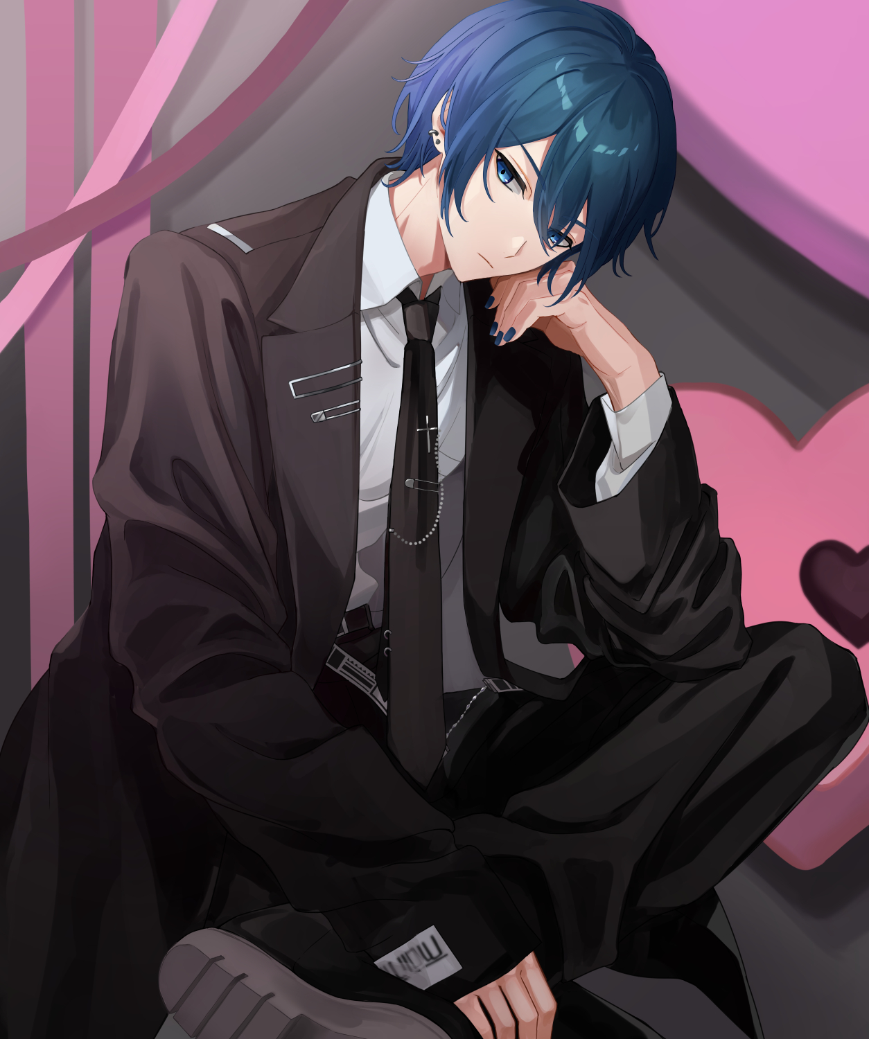 Safebooru - 1boy black footwear black necktie black pants black suit blue eyes blue nails closed ...