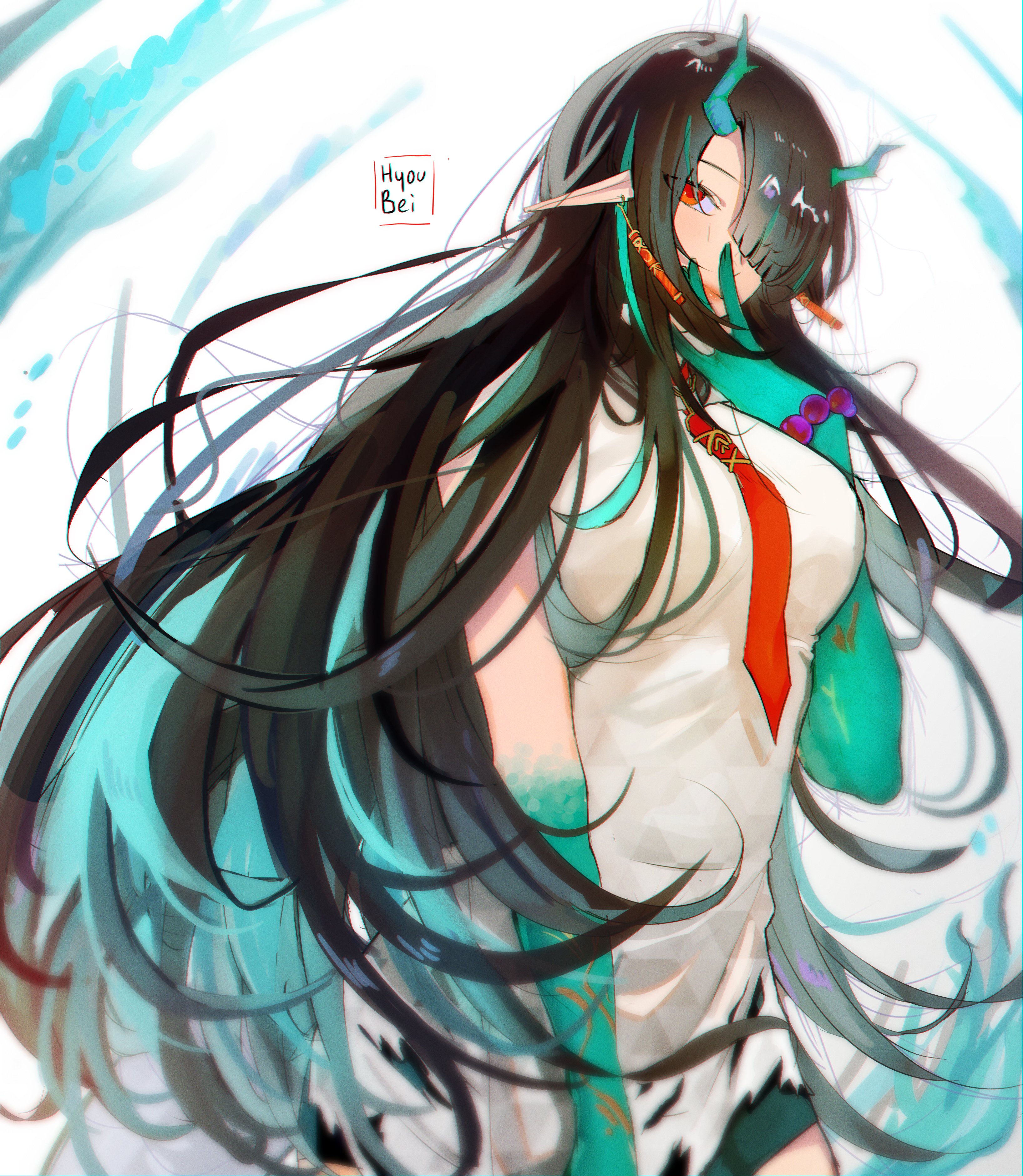 Safebooru - 0 hyoubei 1girl absurdres arknights bead bracelet beads black hair bracelet colored ...