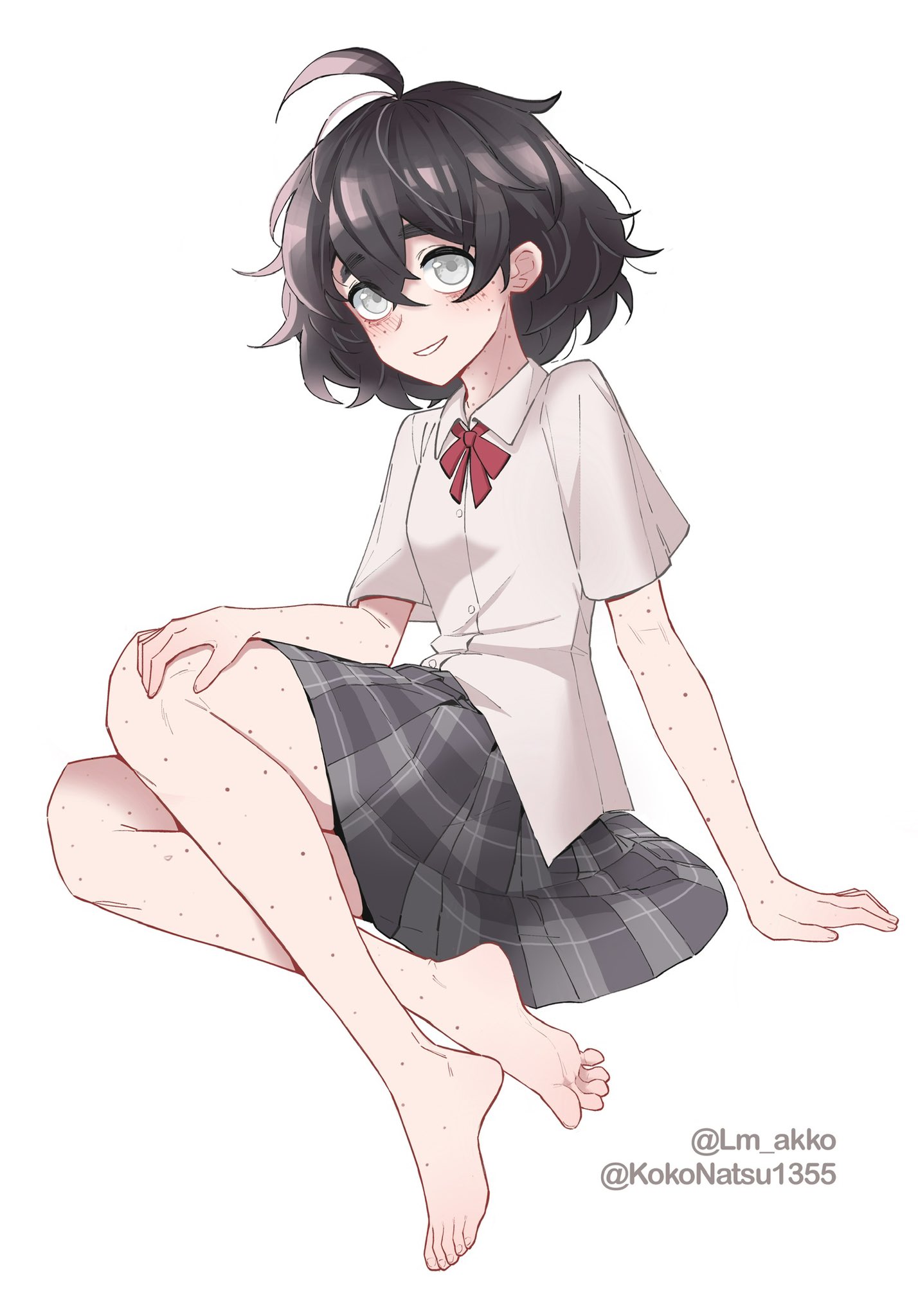 Safebooru - 1girl ahoge arm support artist collaboration artist name barefoot black hair blind ...