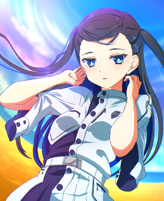 Safebooru - 1girl 22/7 belt black hair blue eyes blue hair cowboy shot emblem fisheye igashiko ...