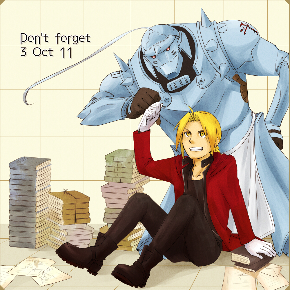 Safebooru - 2boys ahoge alphonse elric apron armor blonde hair book boots braid brothers cape ...