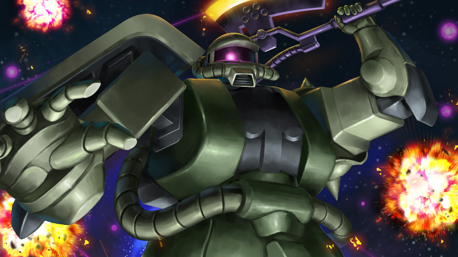 Safebooru - arm up axe commentary request explosion glowing glowing eye ...