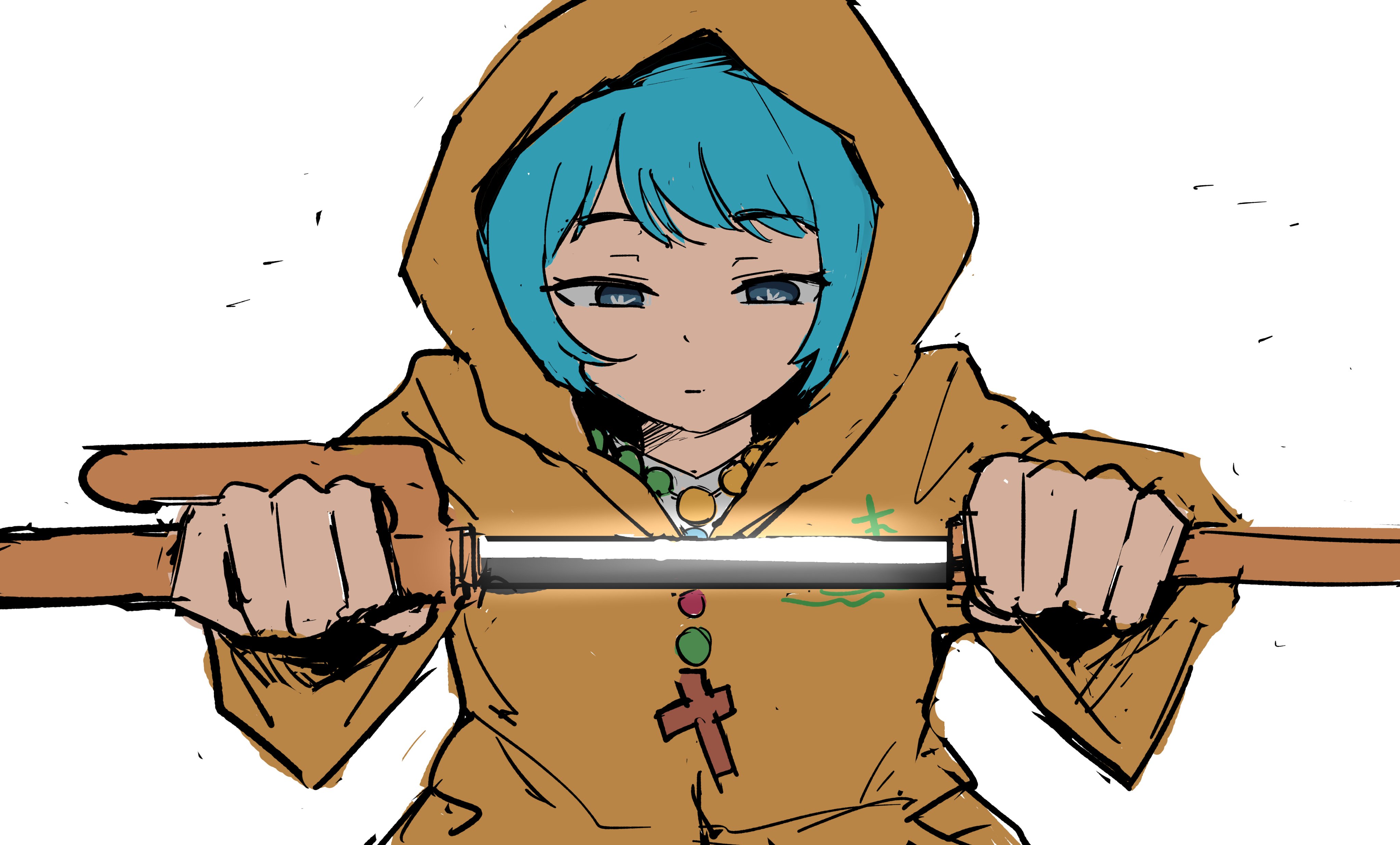 Safebooru - 1girl absurdres blue eyes cane cross cross necklace highres holding holding cane ...