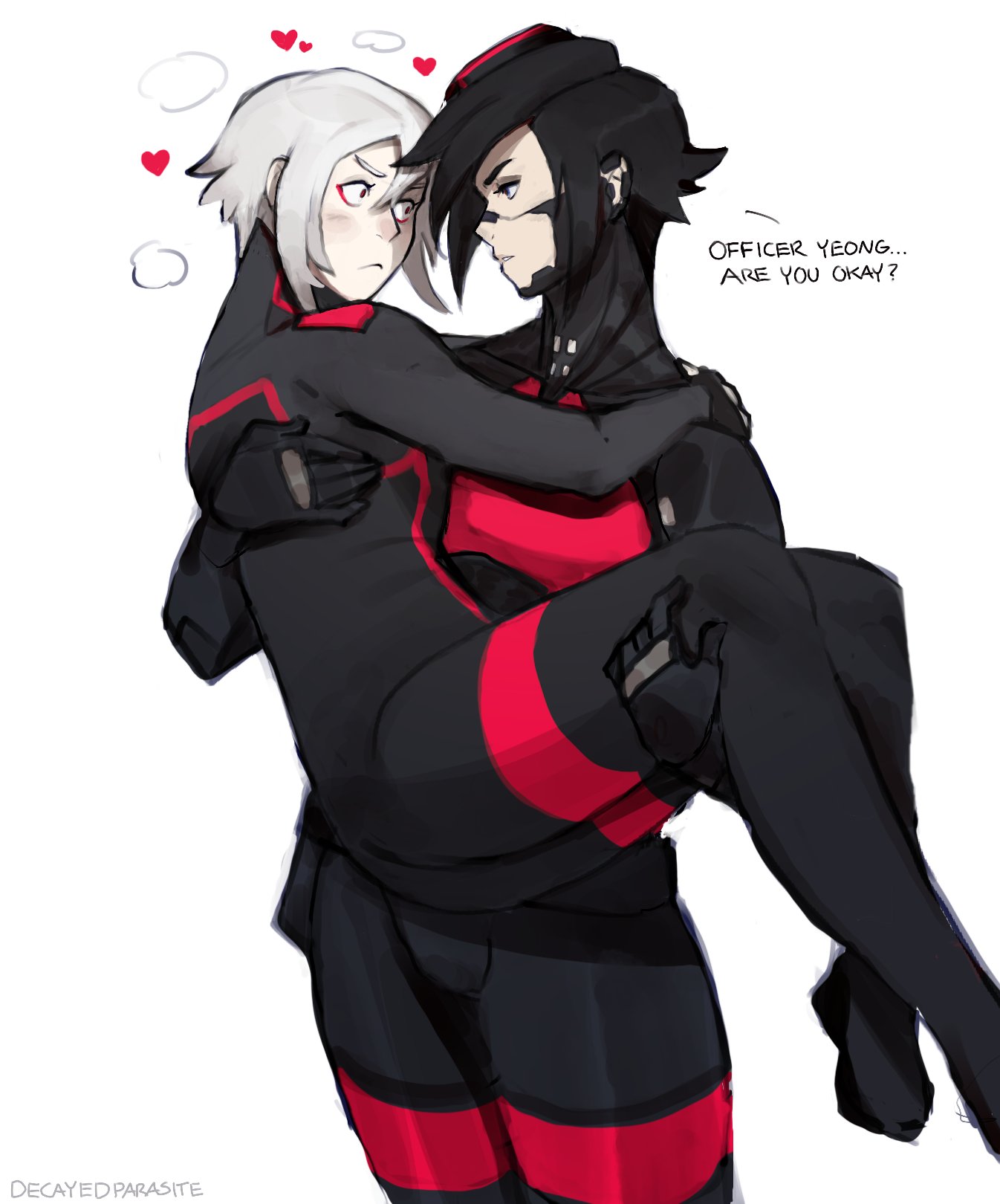 Safebooru - 2girls android ariane yeong artist name black bodysuit black hair black hat blush ...