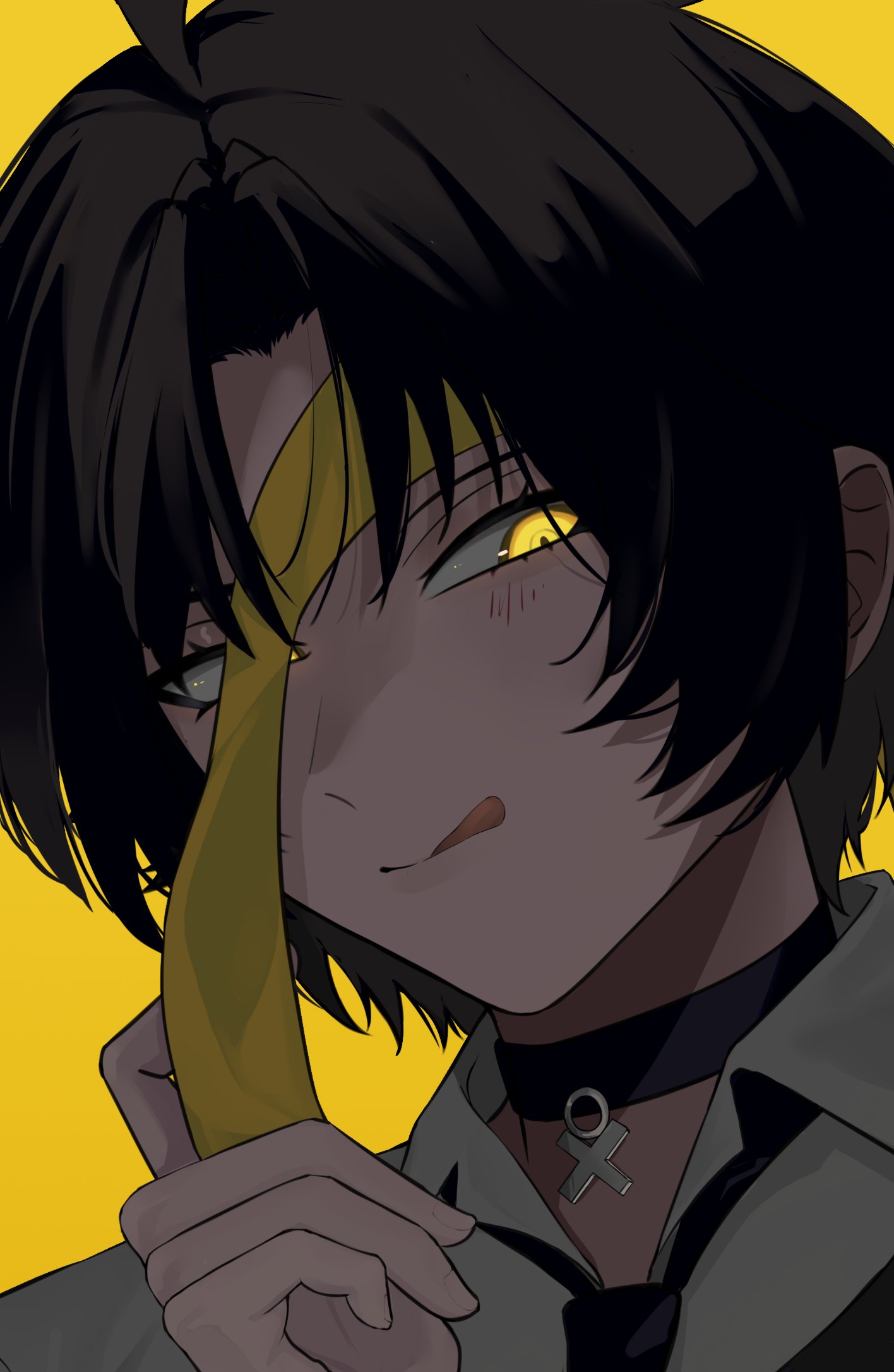 Safebooru - 1boy :q asaba harumasa black choker black hair choker glowing glowing eyes highres ...