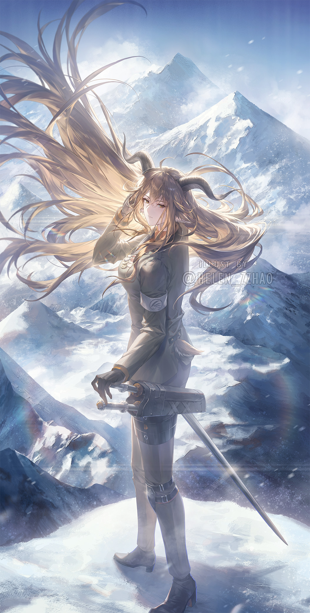 Safebooru - 1girl animal ears arknights arm up armband black gloves black horns blonde hair ...