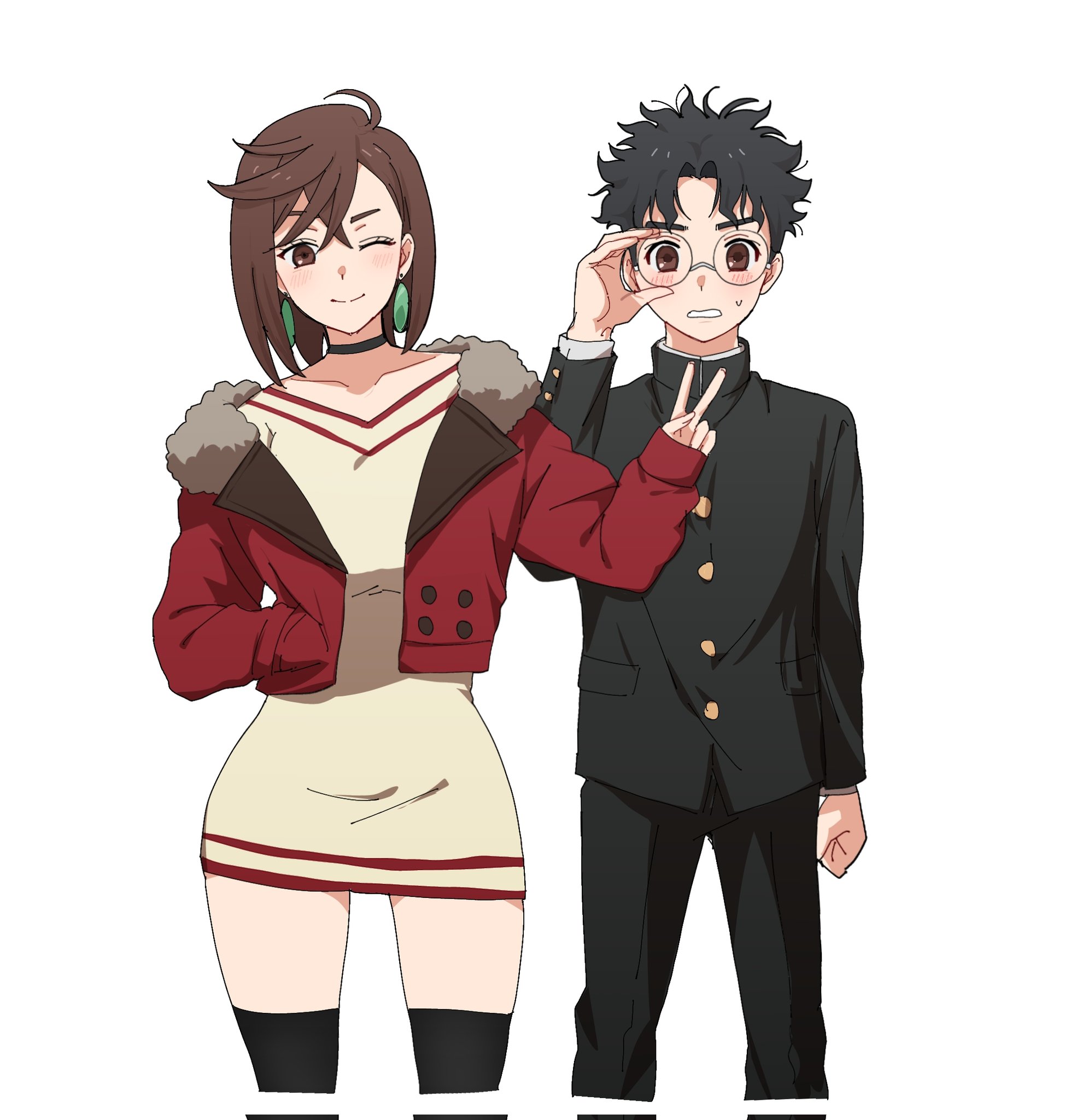 Safebooru - 1boy 1girl adjusting eyewear ayase momo black choker black hair black jacket black ...