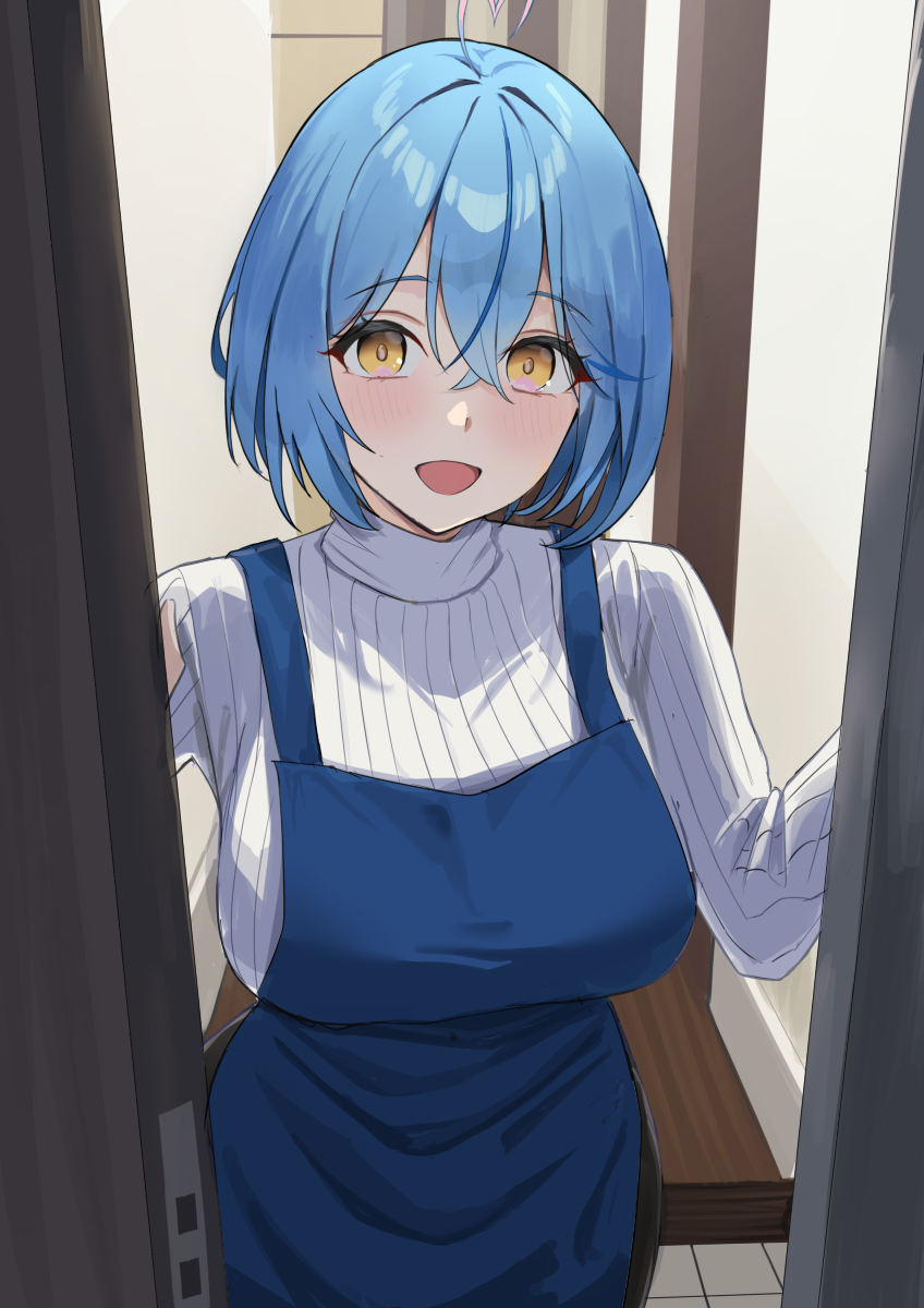 Safebooru - 1girl ahoge alternate costume apron blue apron blue hair blush breasts doorway haro ...