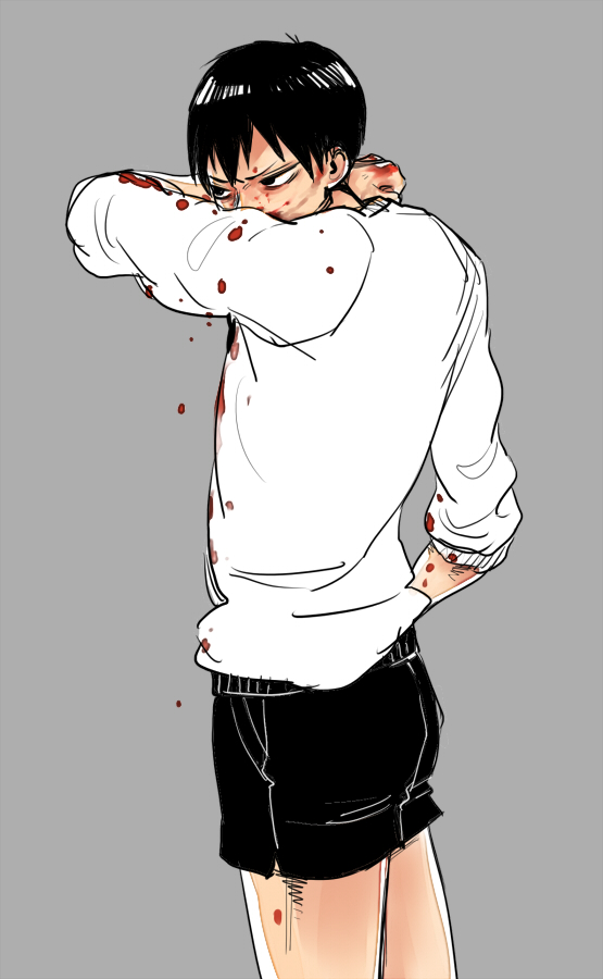 Safebooru - 1boy black hair blood blood on face bloody clothes grey ...