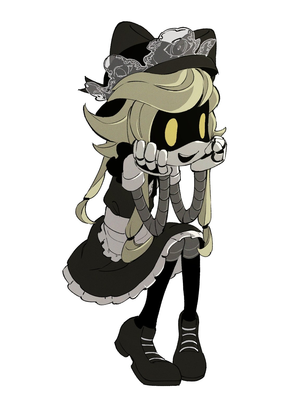 Safebooru - 1girl :d android apron black dress black footwear black hat black socks blonde hair ...