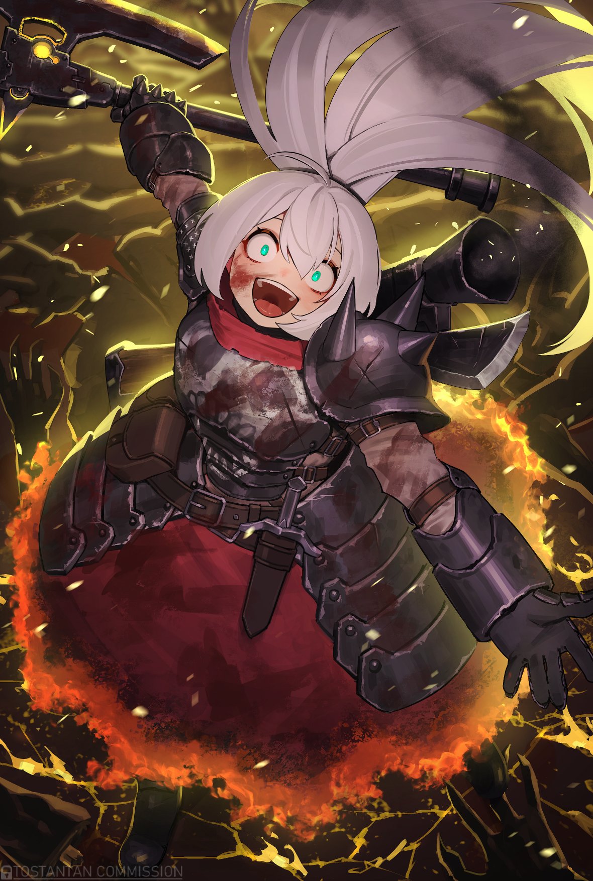 Safebooru - 1girl :d armor armored dress artist name axe belt belt ...