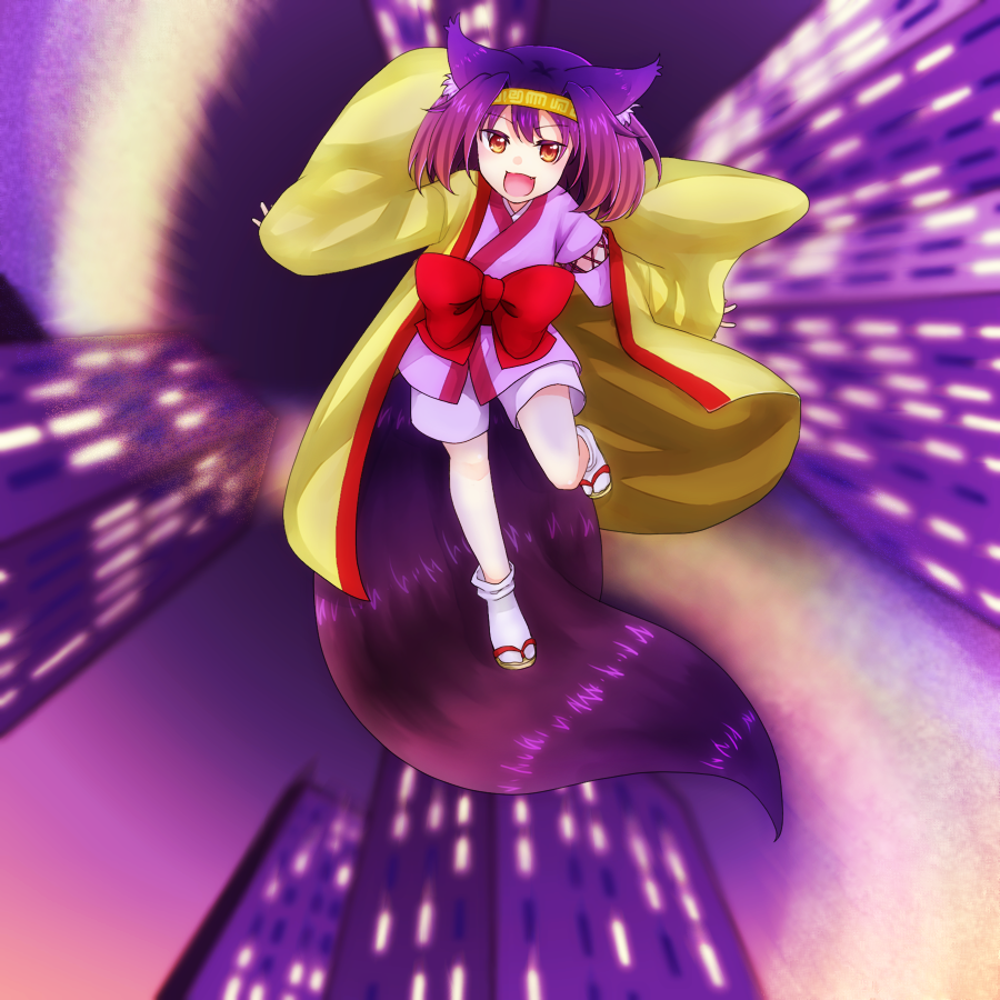 Safebooru - 1girl :d animal ears building flying fox ears fox tail ...