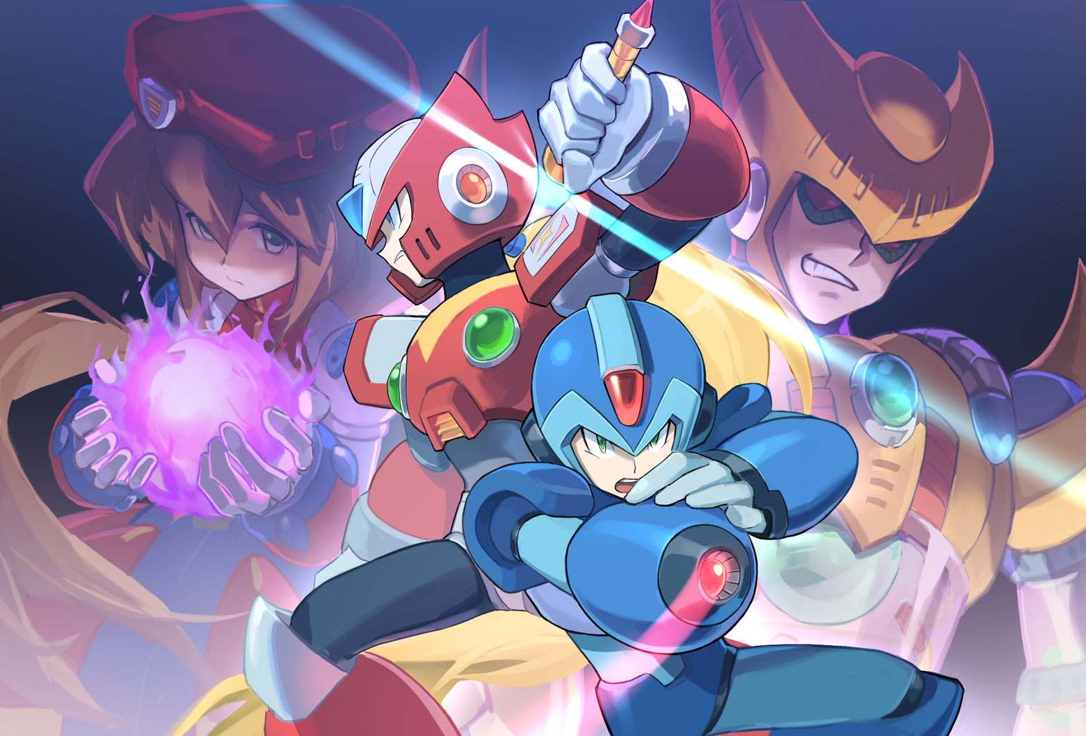 Safebooru - 1girl 3boys arm cannon armor blue armor blue eyes blue ...