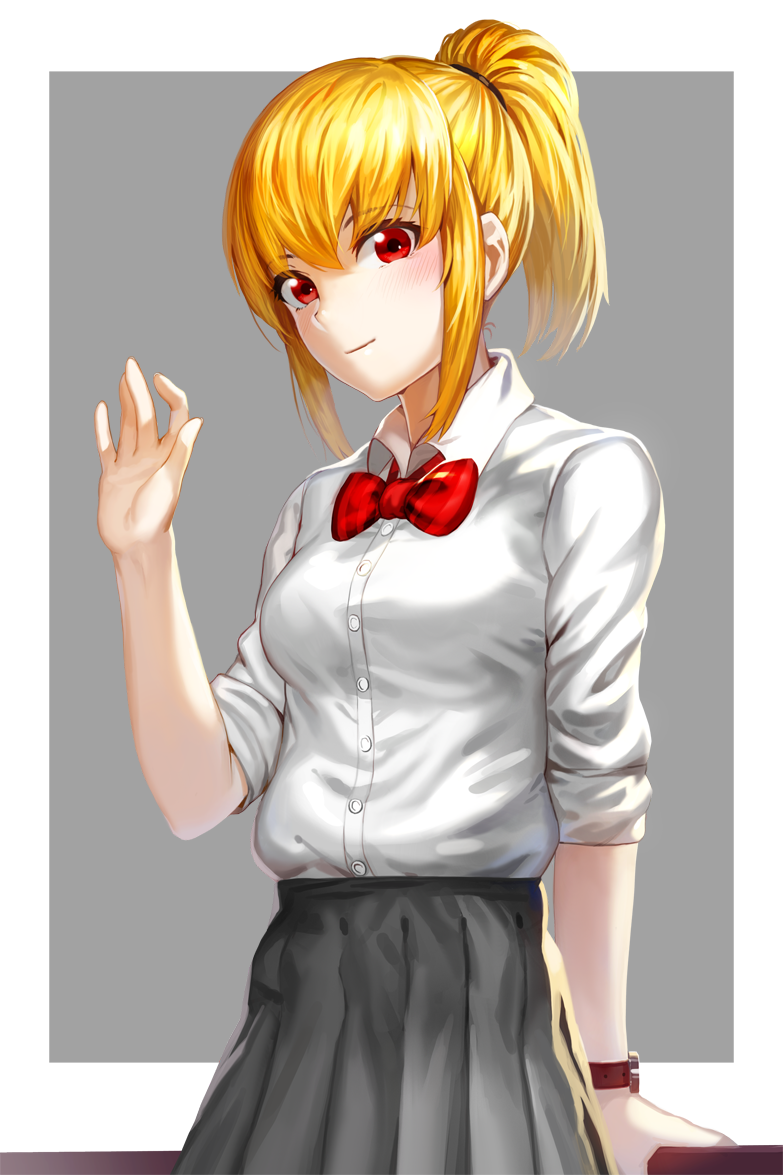 Safebooru - 1girl blonde hair blush bowtie breasts hand up kfr light ...