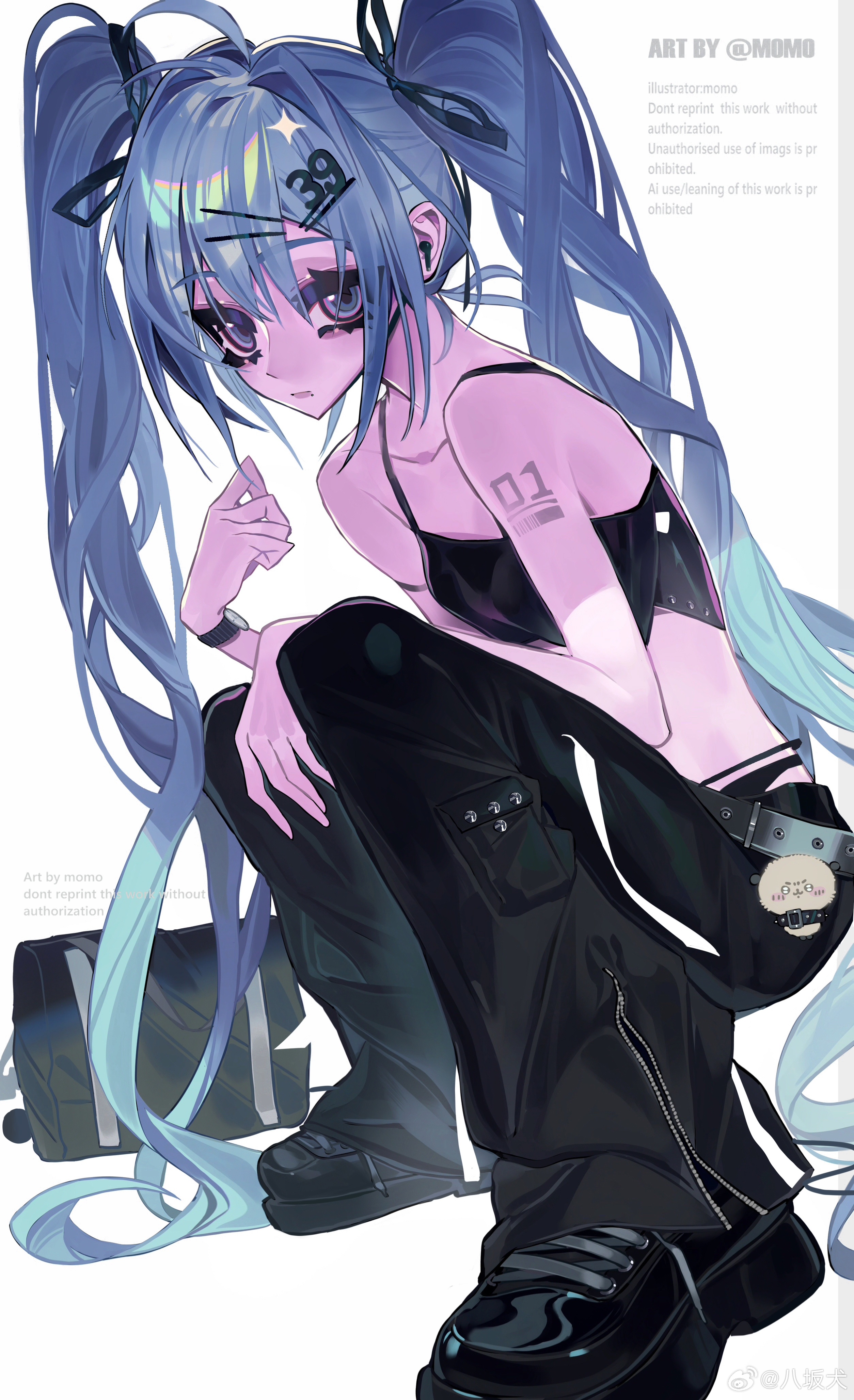 Safebooru - 1girl absurdres arm tattoo artist name black pants black shoes black tank top blue ...