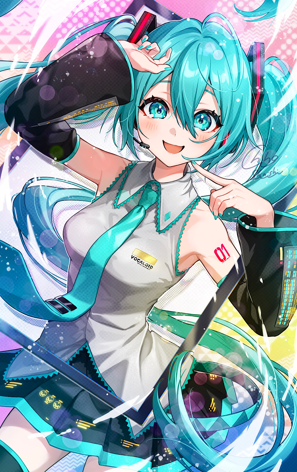 Safebooru - 1girl aqua eyes aqua hair aqua nails aqua necktie arm tattoo arm up black skirt ...