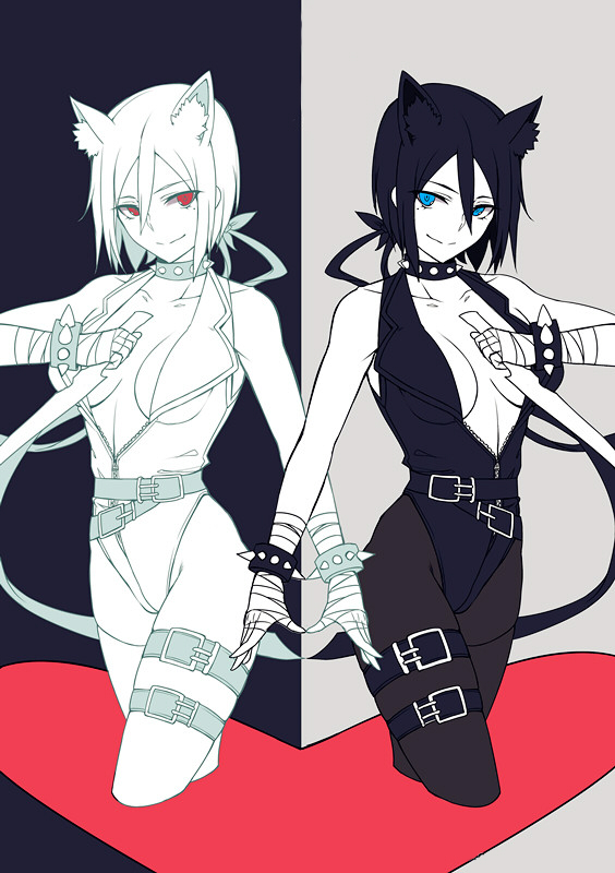 Safebooru - 2girls animal ears bandages black hair blue eyes breasts cat ears cleavage multiple ...