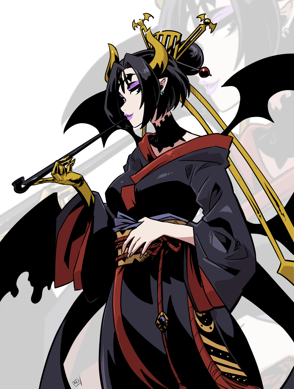 Safebooru - 1girl alternate costume black hair black kimono black lips breasts cowboy shot demon ...
