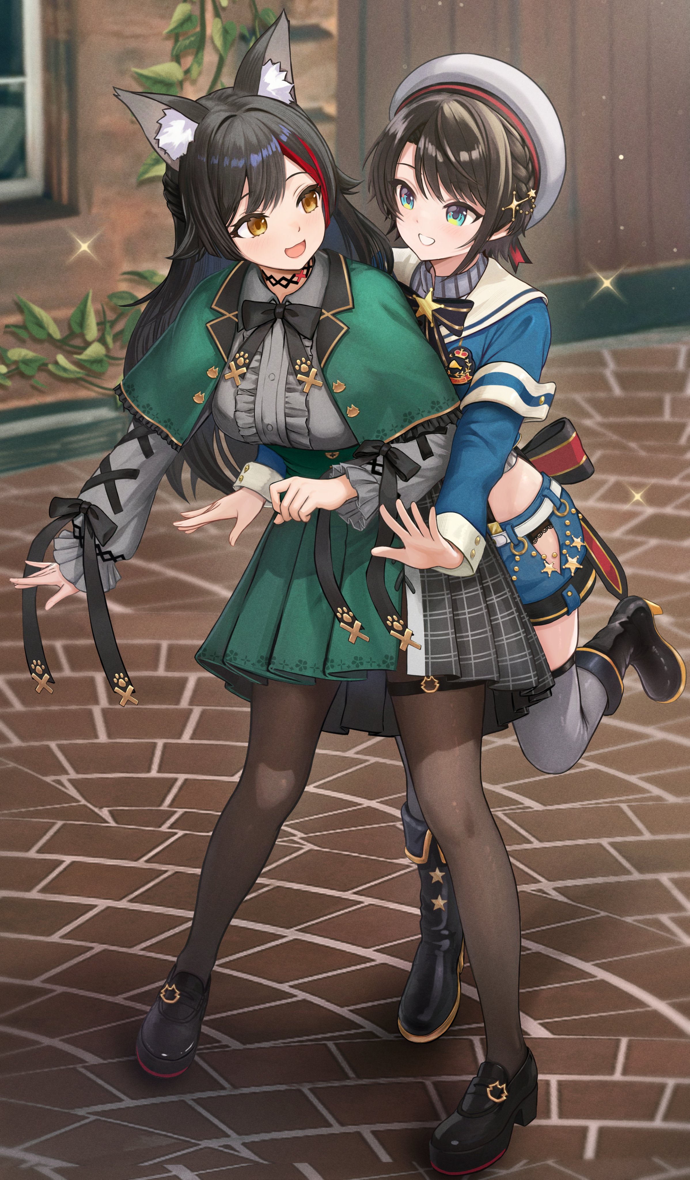 Safebooru - 2girls :d absurdres animal ear fluff animal ears aqua eyes armband back bow black ...