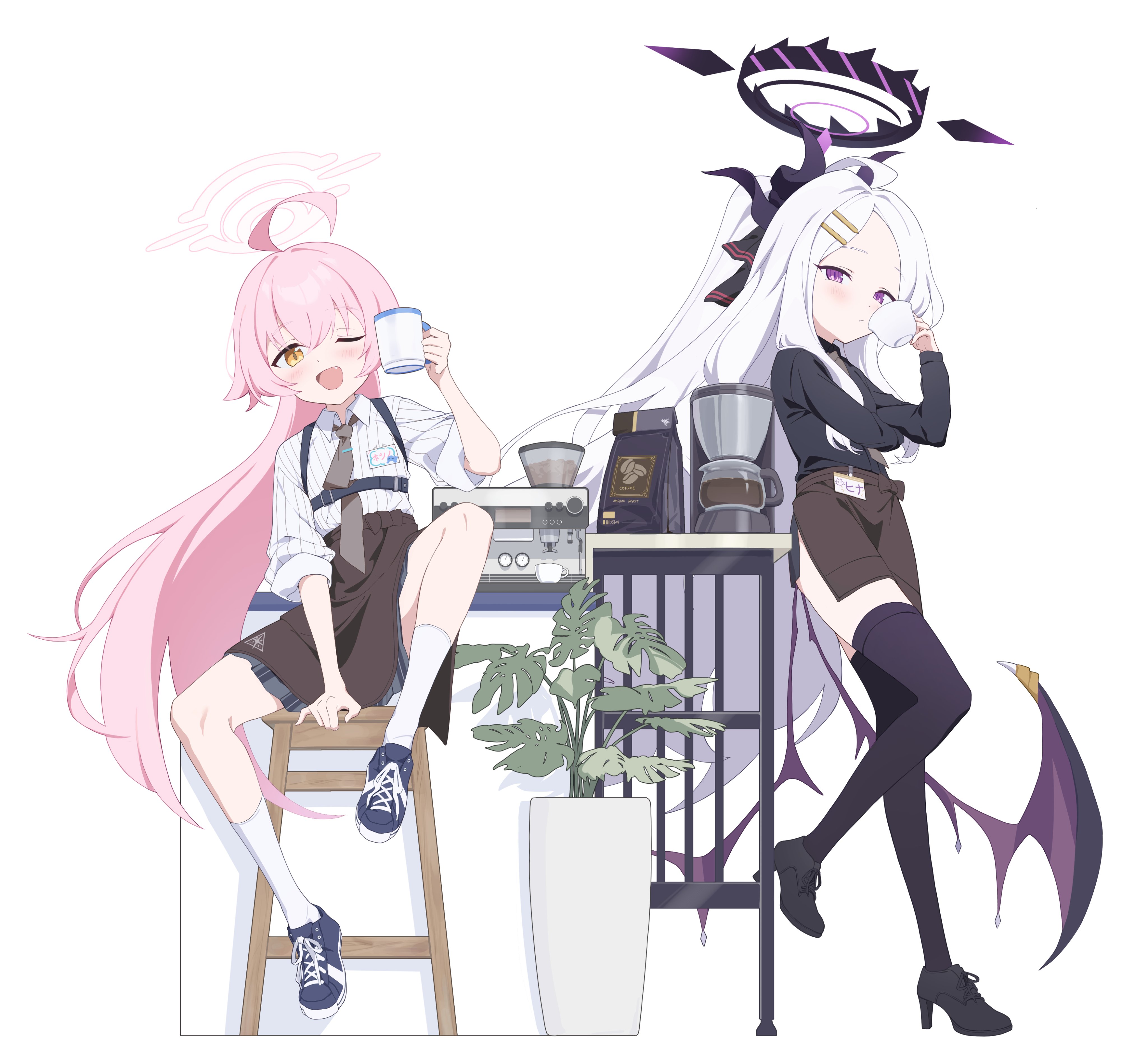 Safebooru - 2girls absurdres blue archive coffee coffee mug cup demon horns demon wings halo ...