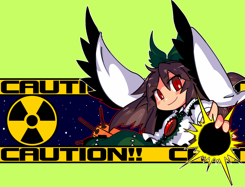 Safebooru - 1girl arm cannon black sun bow brown hair cape caution tape ...