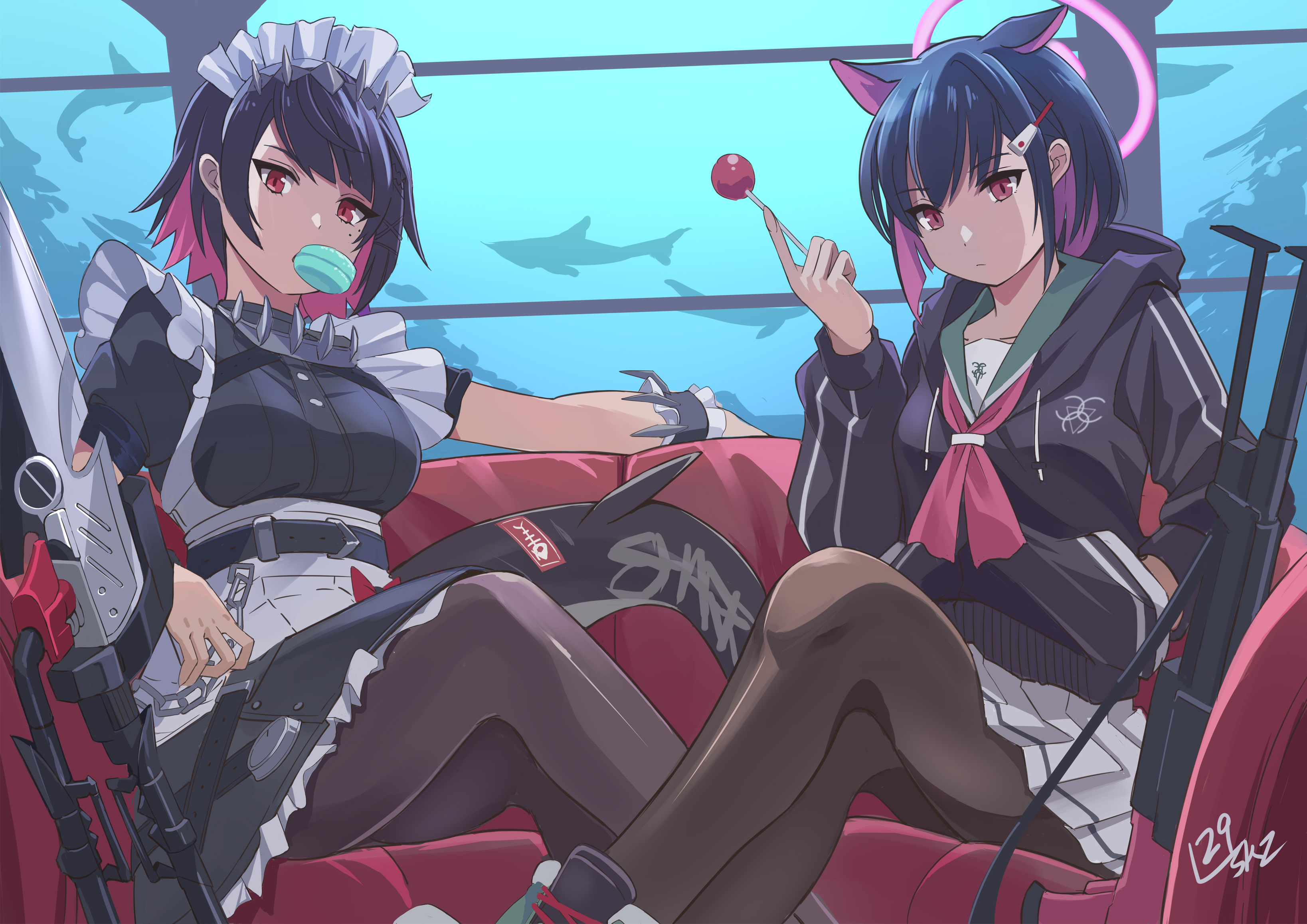 Safebooru - 2girls absurdres animal ears assault rifle black dress black hair black hoodie black ...