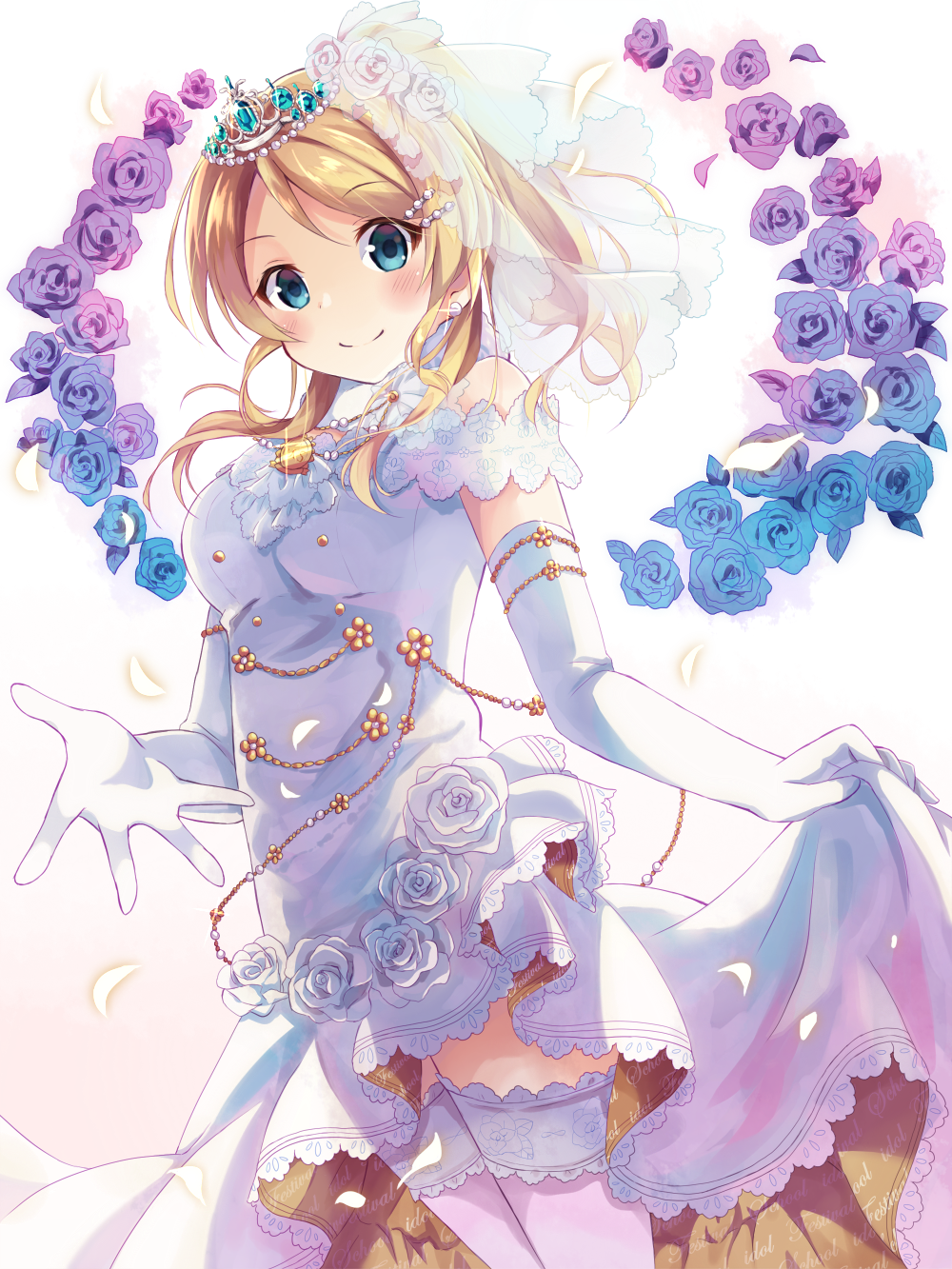 Safebooru - 1girl ayase eli blonde hair blue eyes dress elbow gloves flower gloves highres ...