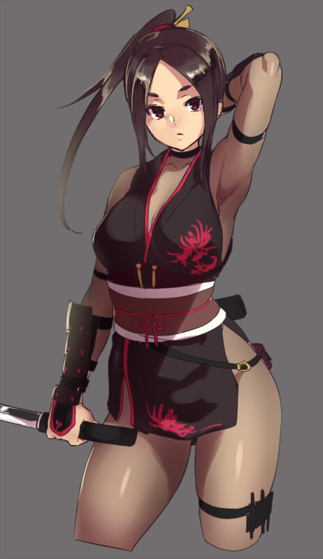 Safebooru - 1girl arm guards arm up black hair brown eyes dagger houtengeki looking at viewer ...