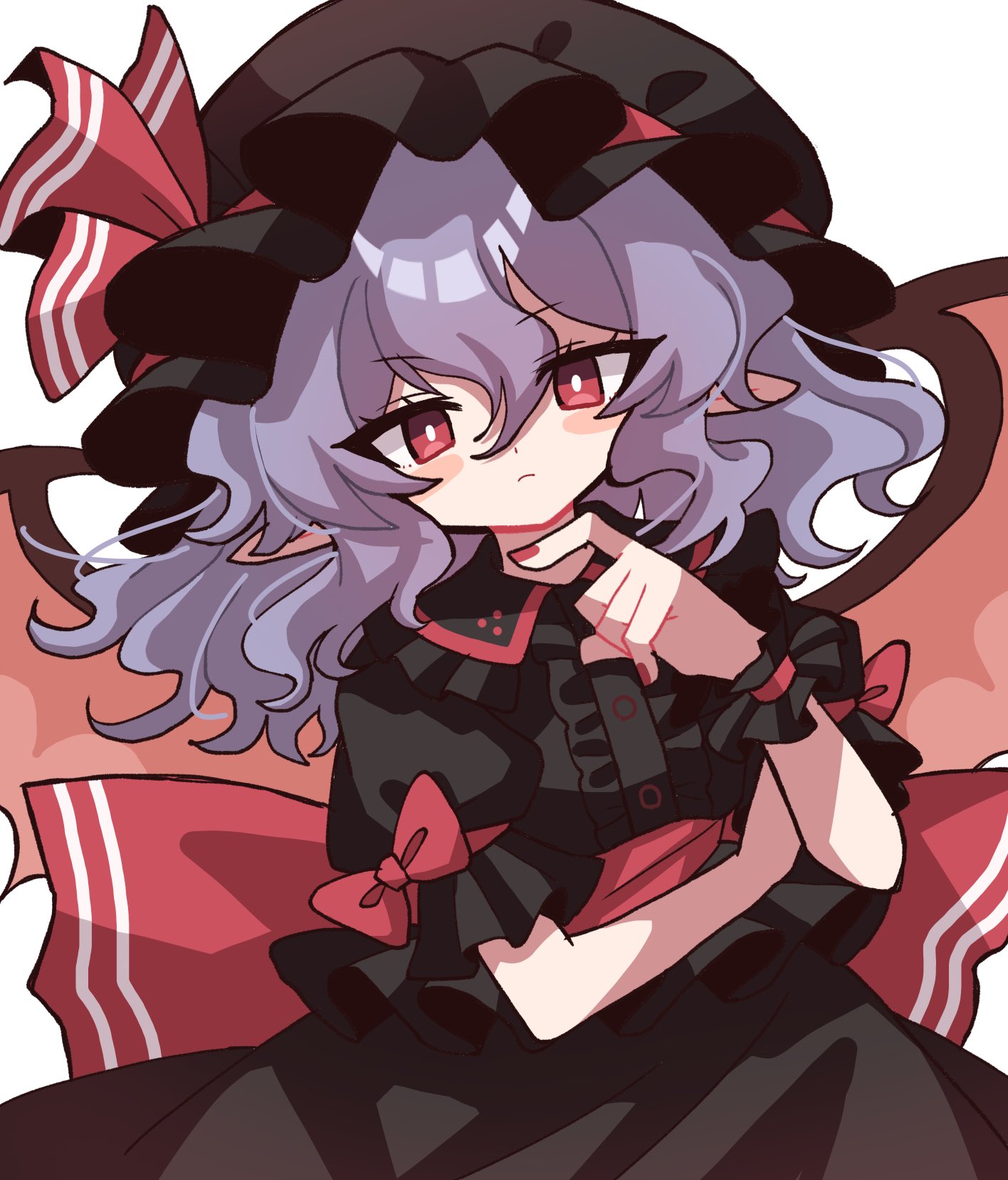 Safebooru - 1girl alternate color bat wings black hat black shirt black ...