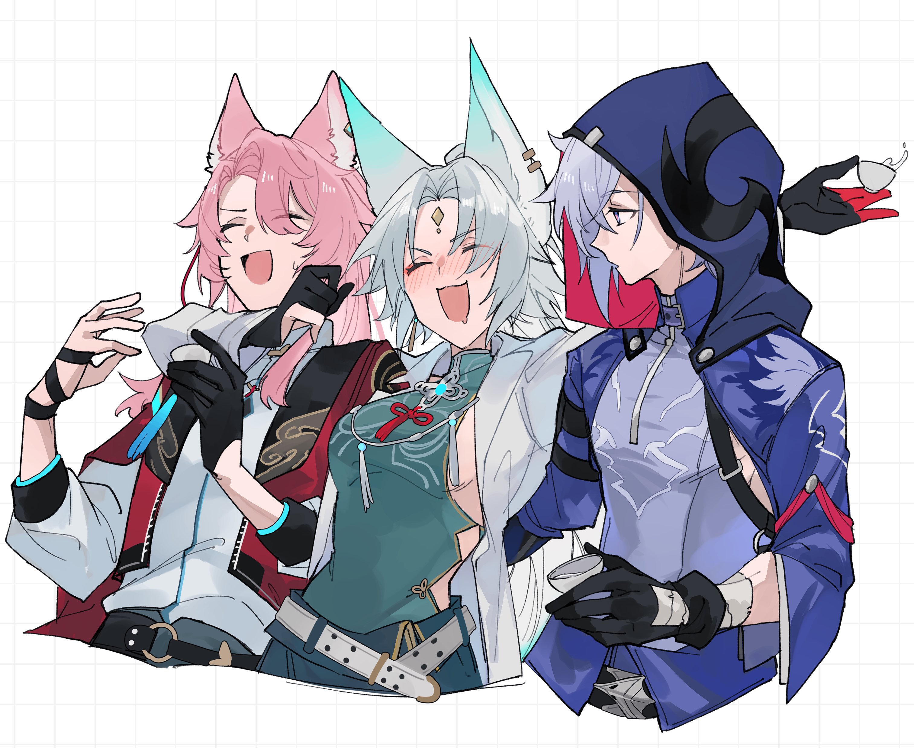 Safebooru - 1girl 2boys absurdres alcohol animal ear fluff animal ears aqua hair aqua shirt arm ...