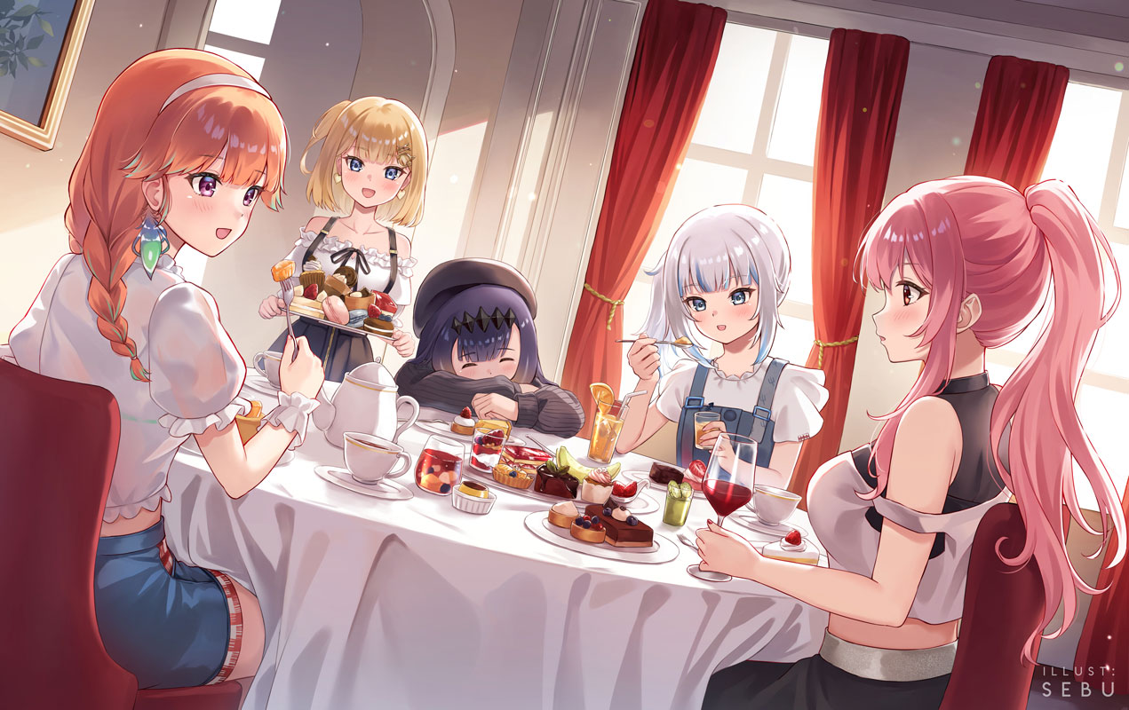 Safebooru - 5girls alcohol beret black hair blonde hair blue hair blue overalls blue shorts ...