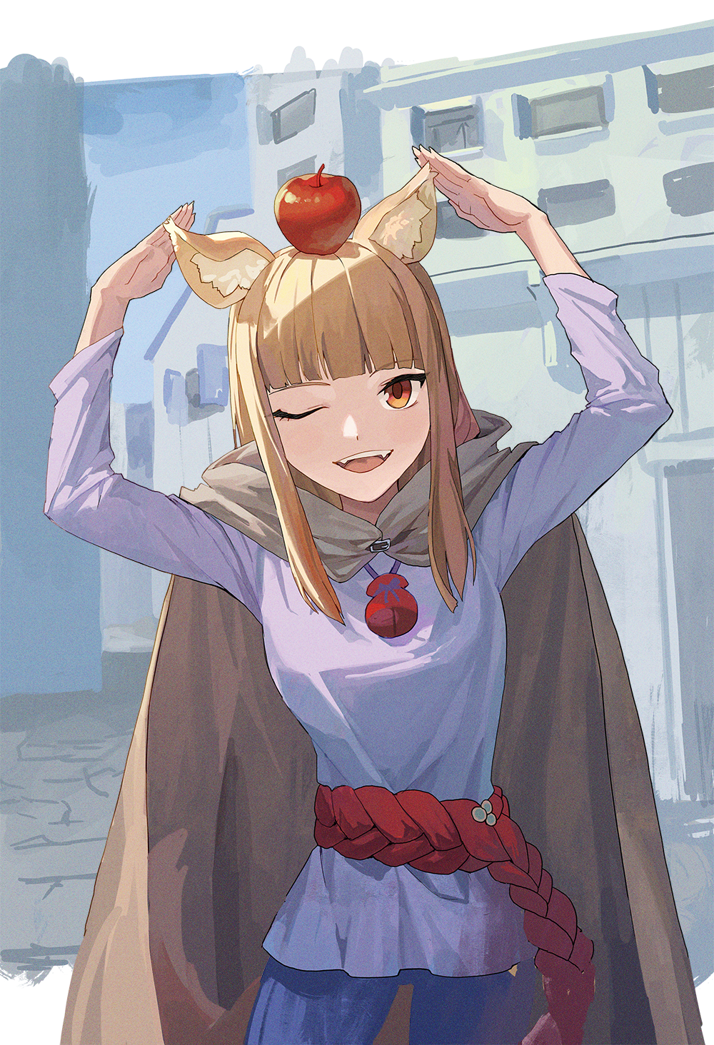 Safebooru - 1girl animal ear fluff animal ears apple apple on head arms ...