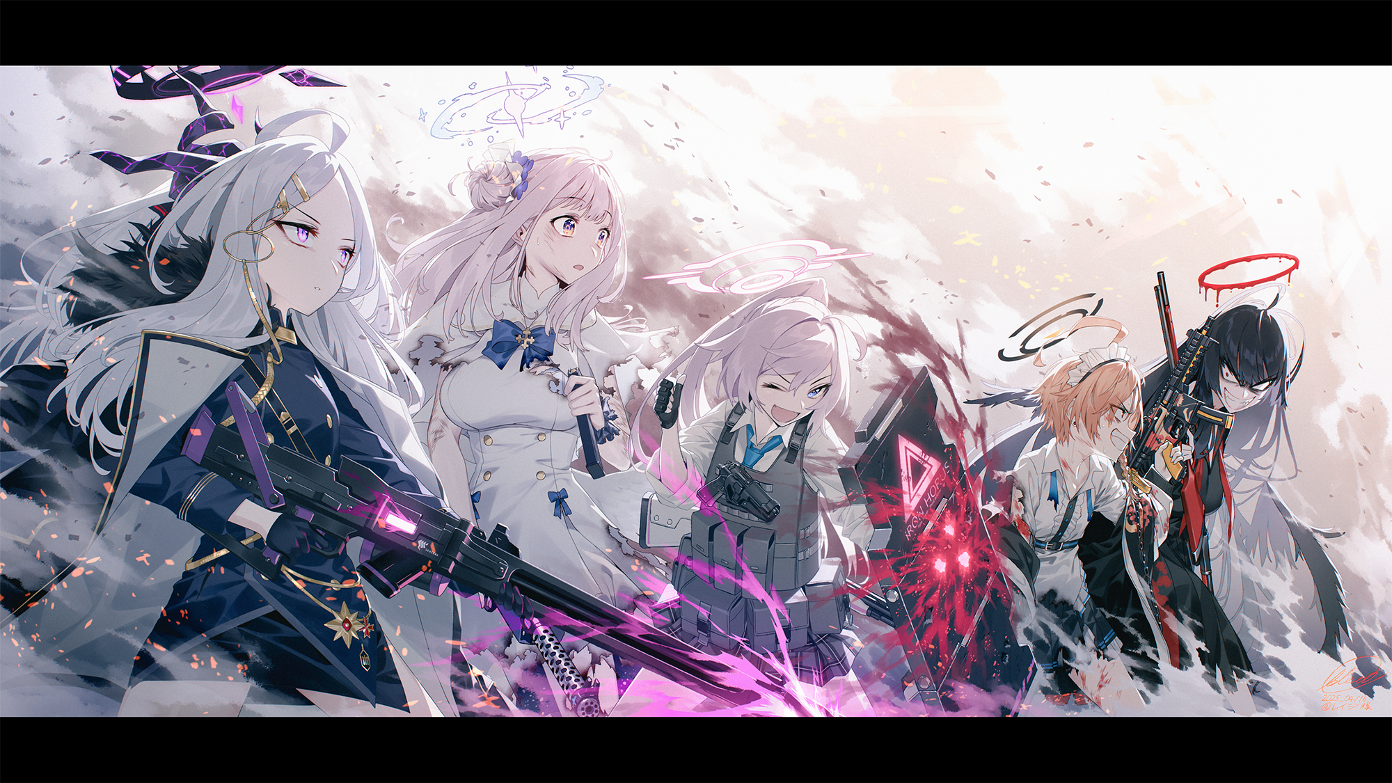 Safebooru - 5girls ahoge angel wings ballistic shield black gloves black wings blew andwhite ...
