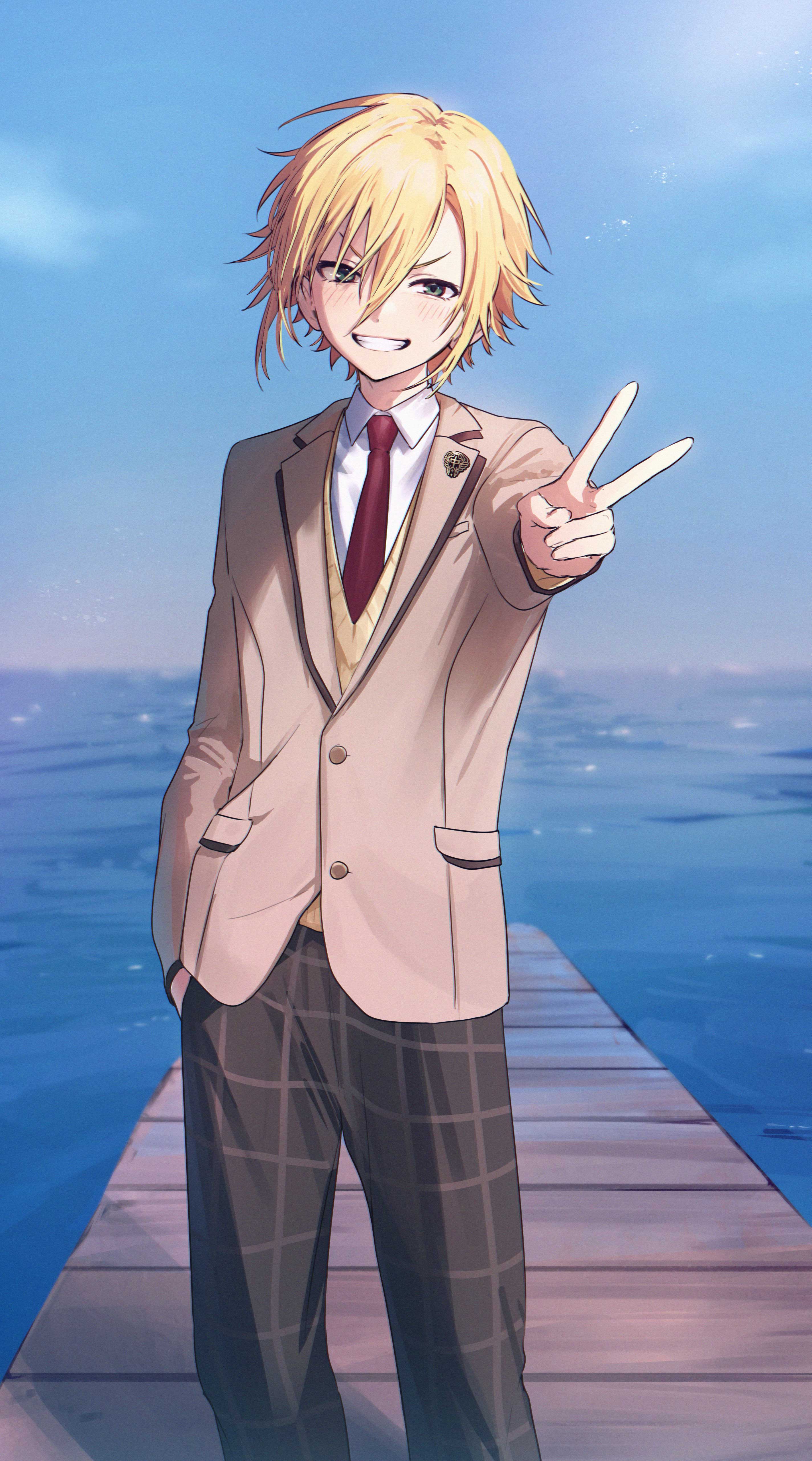 Safebooru - 1boy absurdres black pants blazer blonde hair brown jacket ...