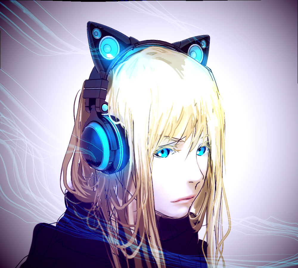 Safebooru - 1girl animal ears axent wear blonde hair blue eyes cat ears headphones long hair ...