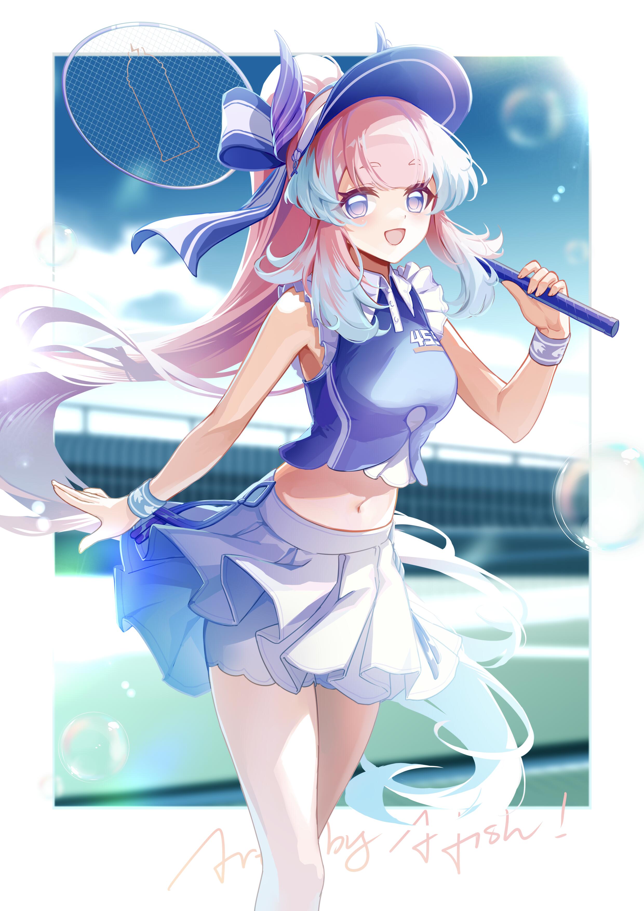 Safebooru - 1girl :d absurdres afish alternate costume artist name bad source badminton bare ...