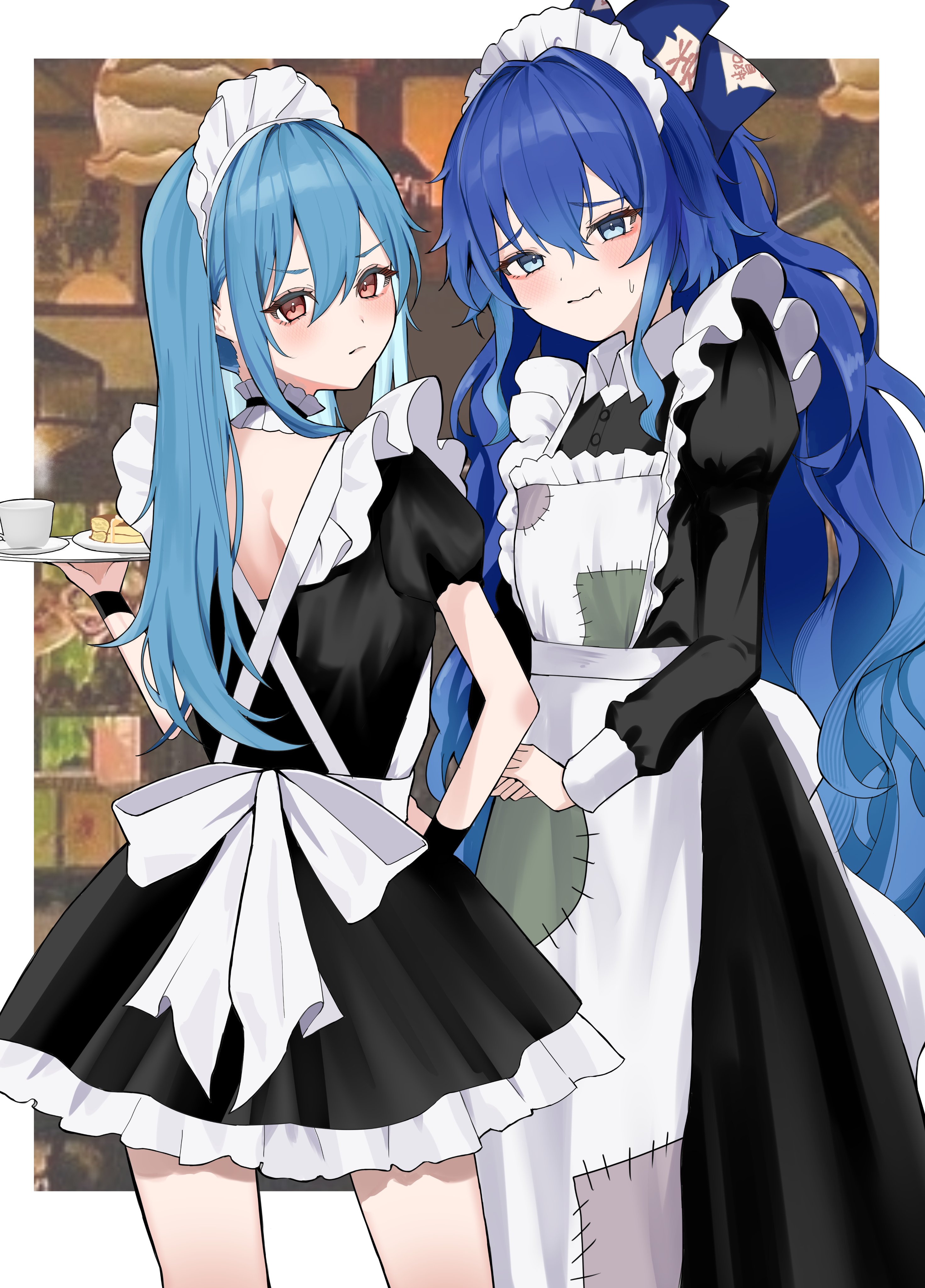 Safebooru - 2girls absurdres alternate costume apron back bow black dress blue bow blue eyes ...