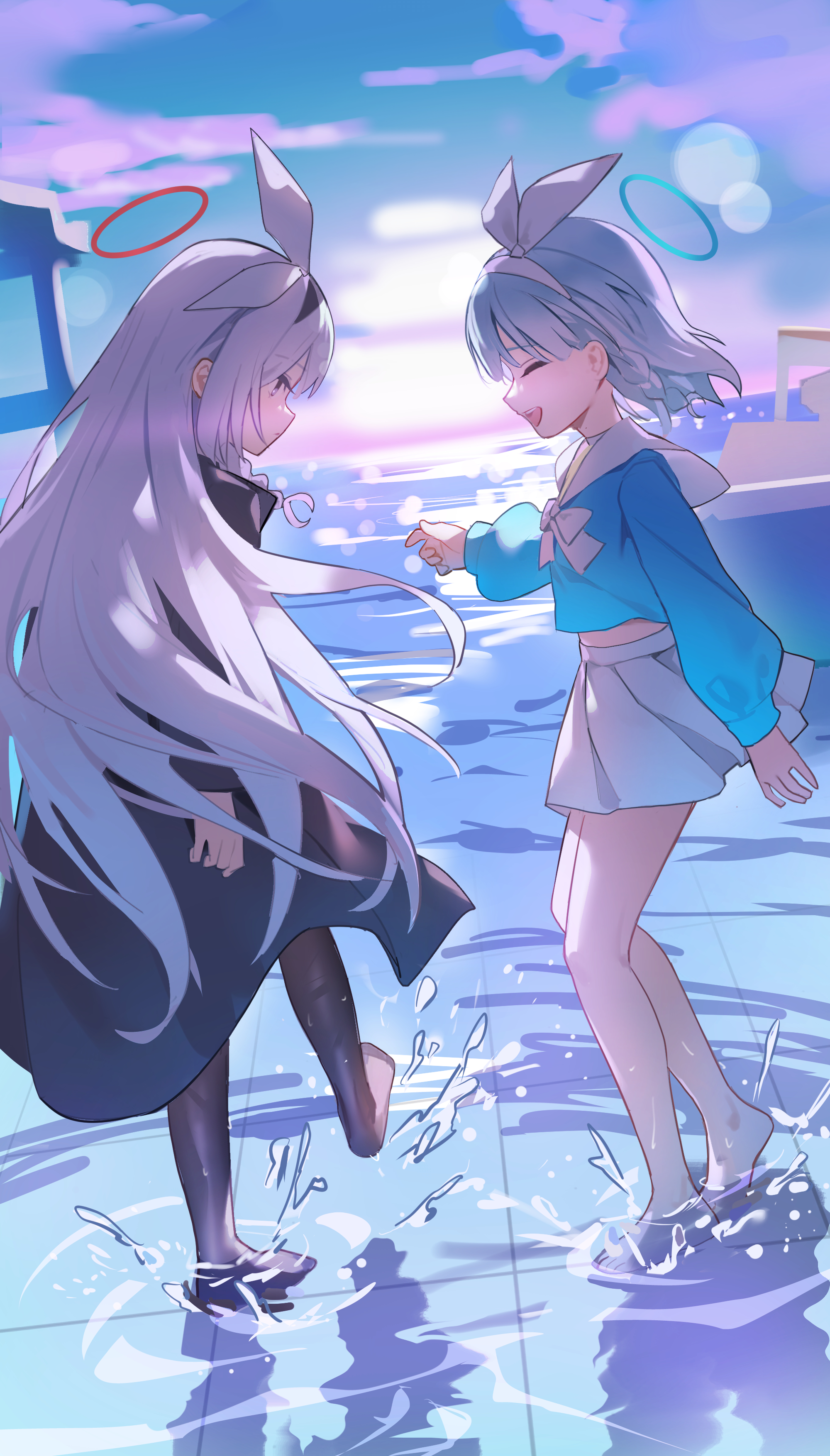 Safebooru - 2girls ^ ^ absurdres arona (blue archive) bare legs barefoot black coat black ...