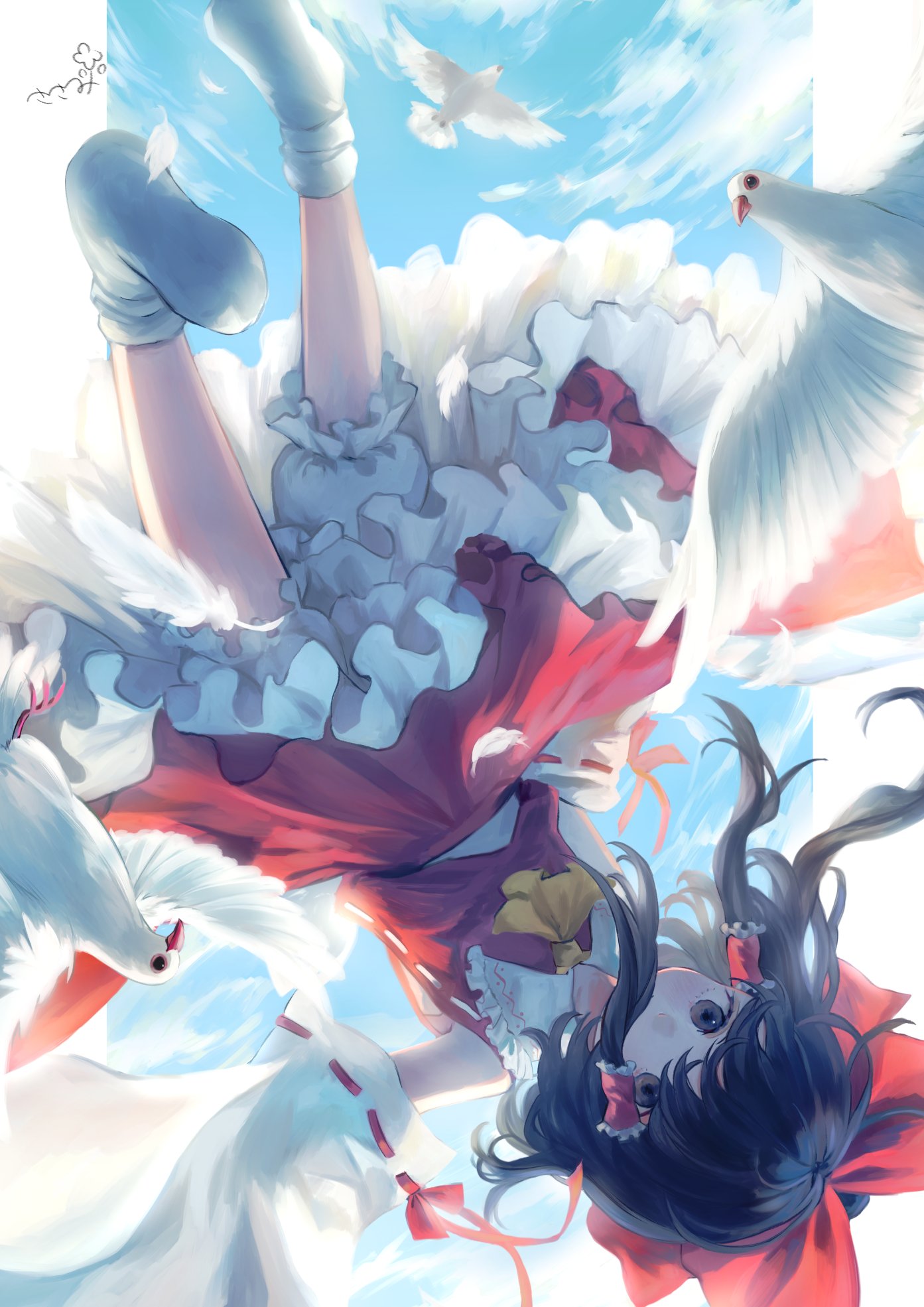Safebooru - 1girl ascot bird black hair bloomers blue sky bow brown eyes clouds commentary ...