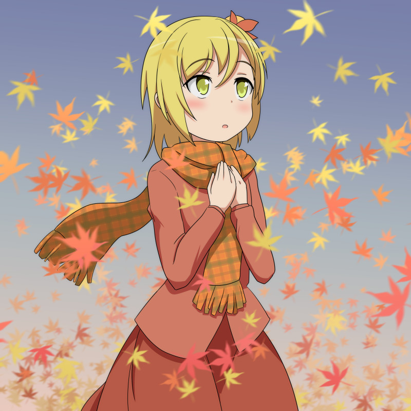 Safebooru - 1girl aki shizuha autumn leaves blonde hair blue background cato (monocatienus ...