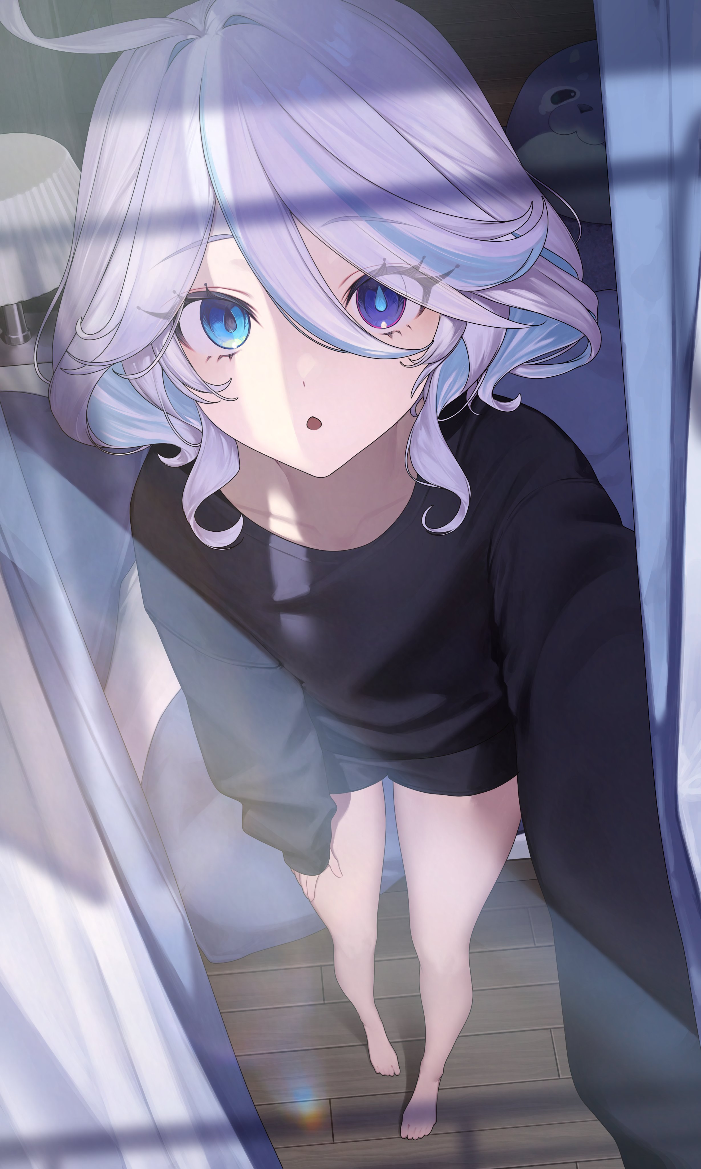 Safebooru - 1girl absurdres ahoge alternate costume black shirt blue eyes blue hair commentary ...