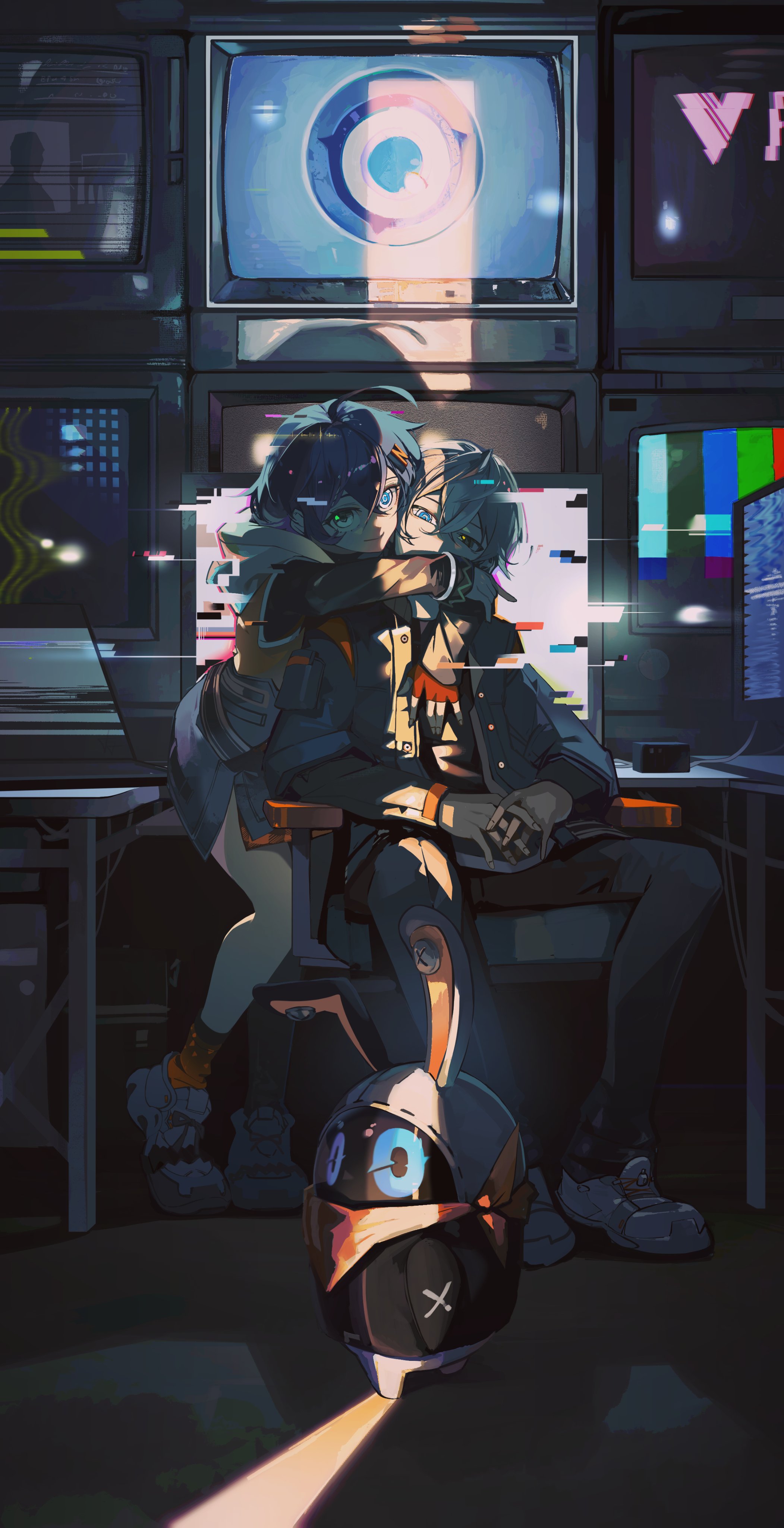 Safebooru - 1boy 1girl absurdres ahoge alternate eye color arms around neck asymmetrical legwear ...