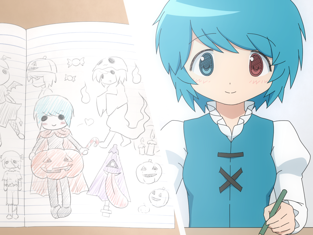 Safebooru - aoki ume (style) blue eyes blue hair blush halloween hetero ...