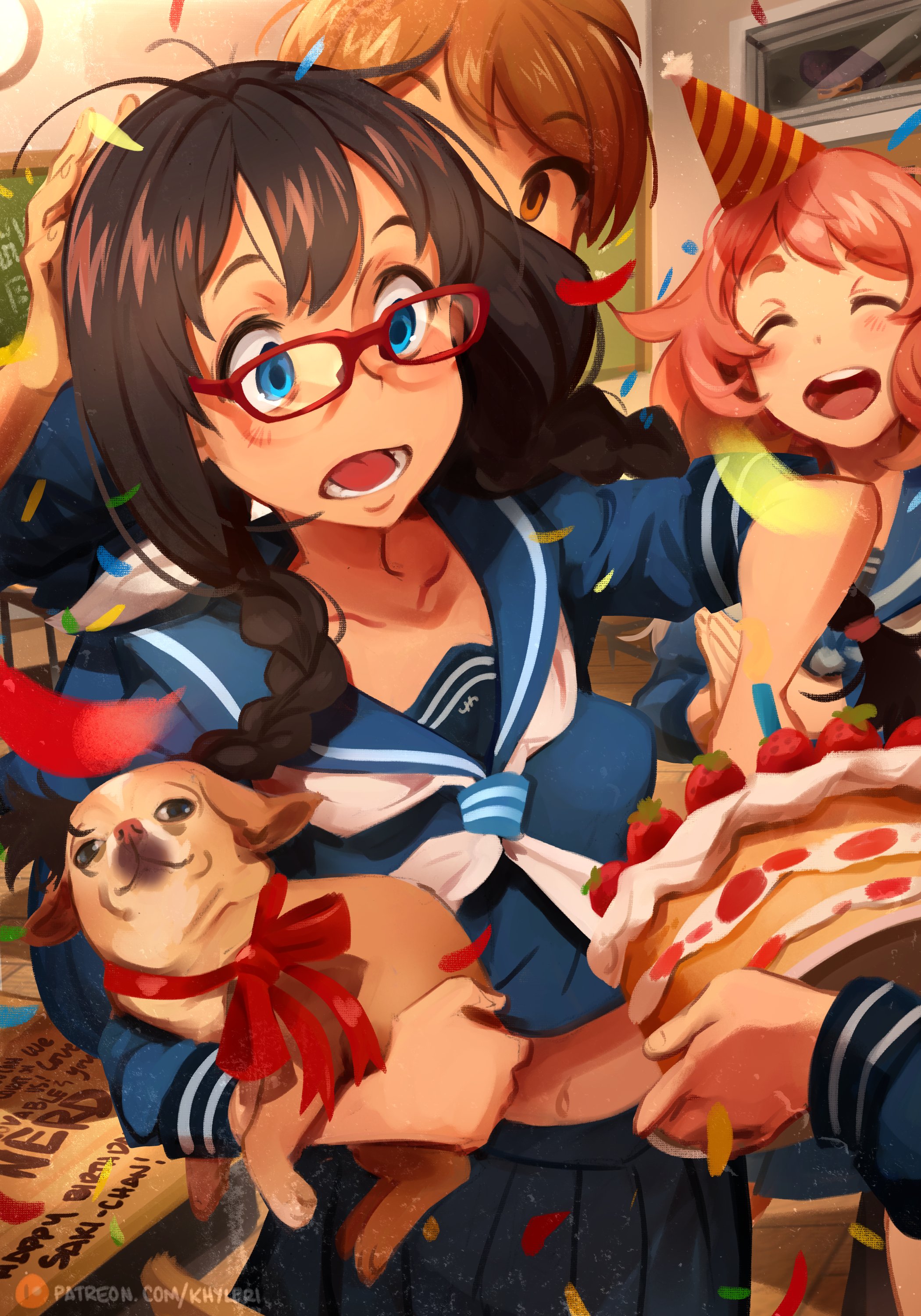 Safebooru - 1other 2boys 2girls absurdres animal bangs birthday cake birthday party black hair ...