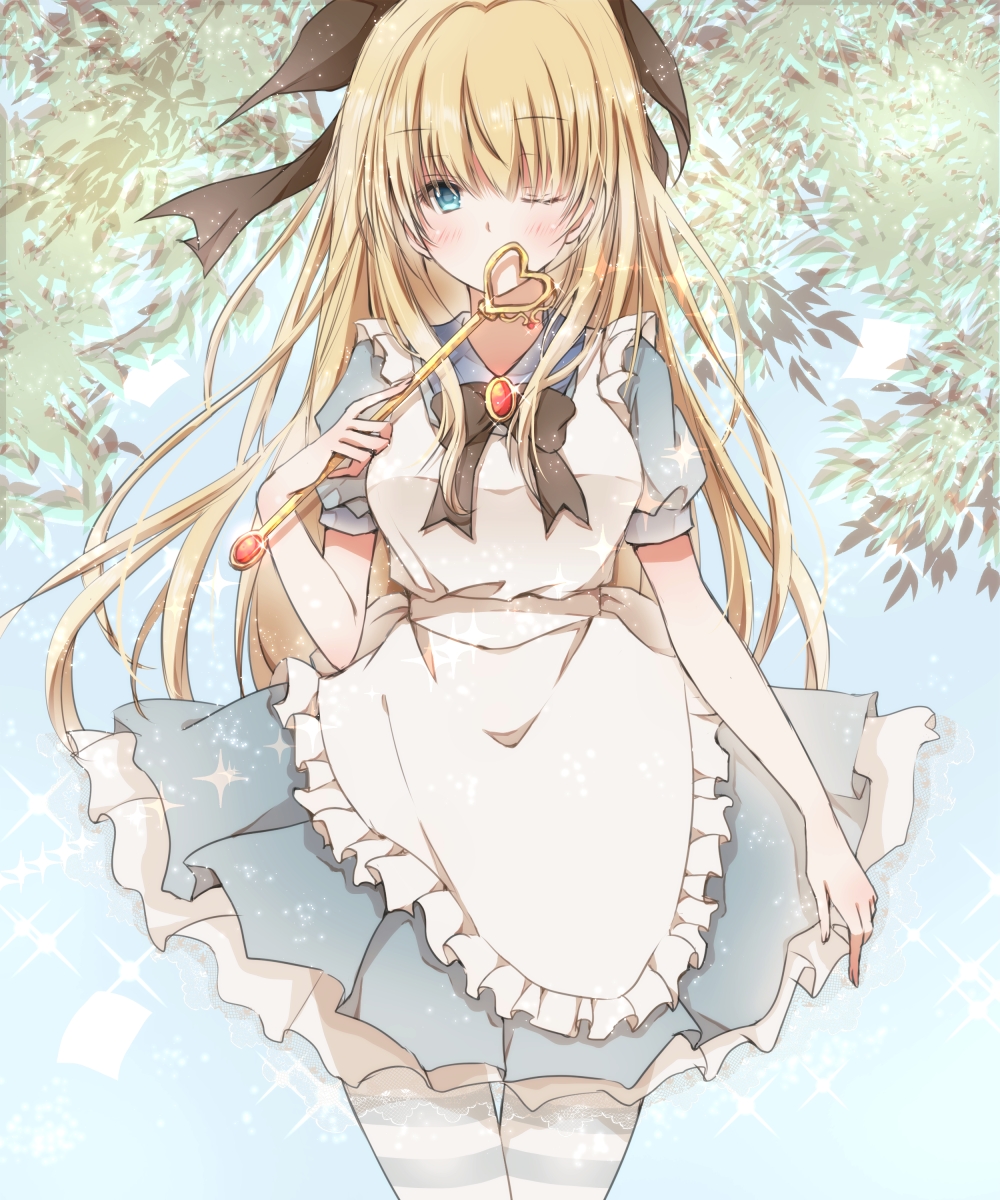 Safebooru - 1girl blonde hair blue eyes hair ribbon highres hiro (hirohiro31) holding long hair ...